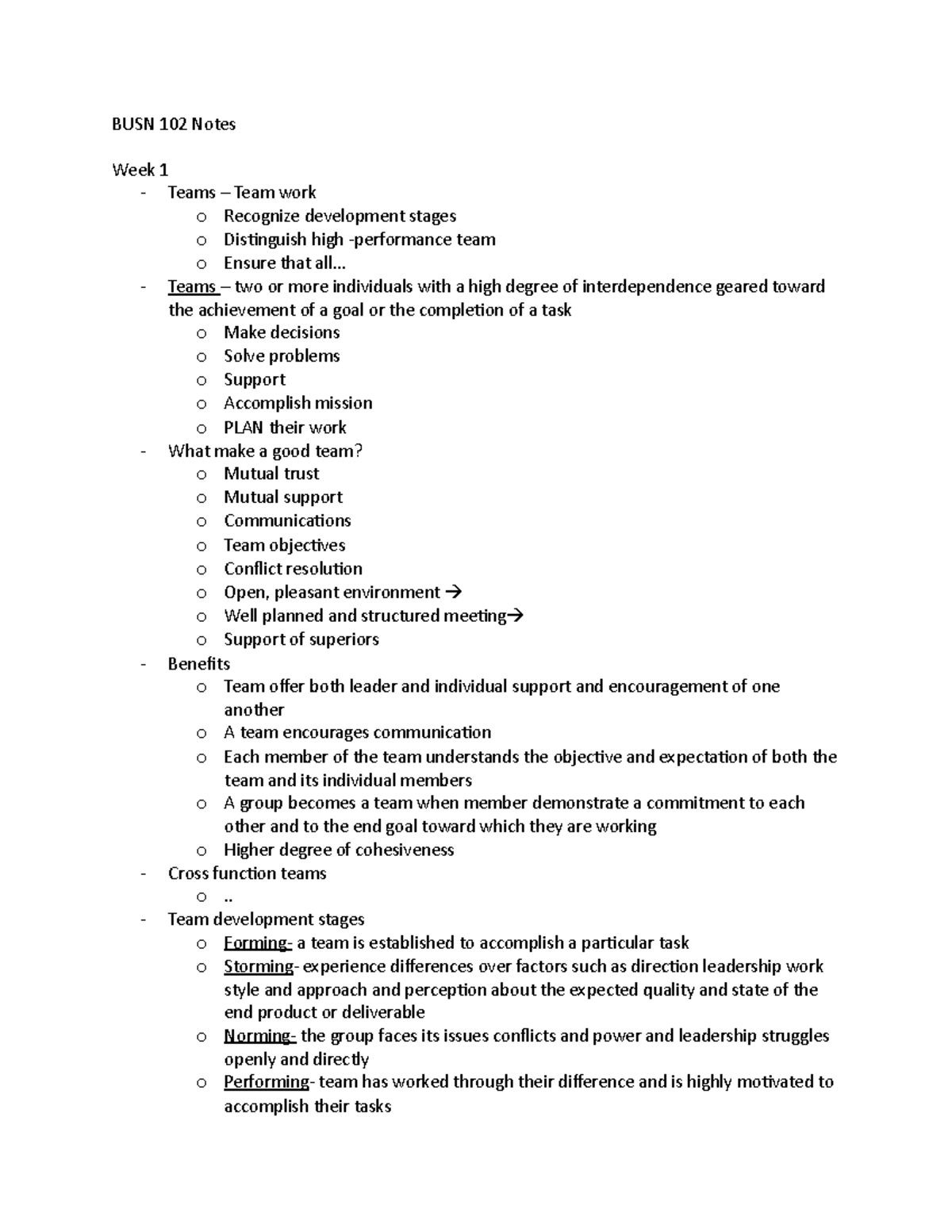 BUSN 102 Notes Lecture - BUSN 102 Notes Week 1 - Teams – Team work o ...
