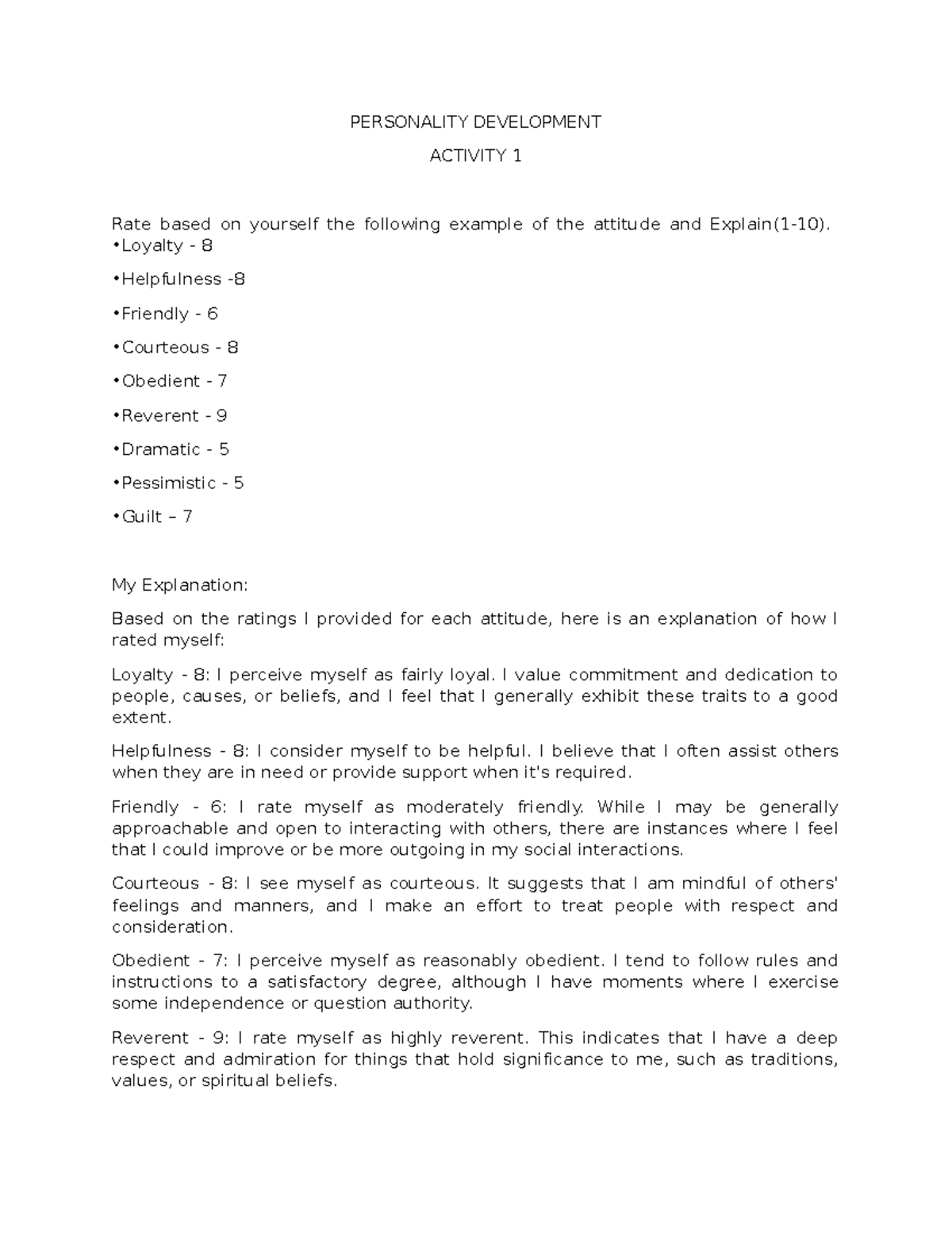 Perdev Activity - PERSONALITY DEVELOPMENT ACTIVITY 1 Rate based on ...