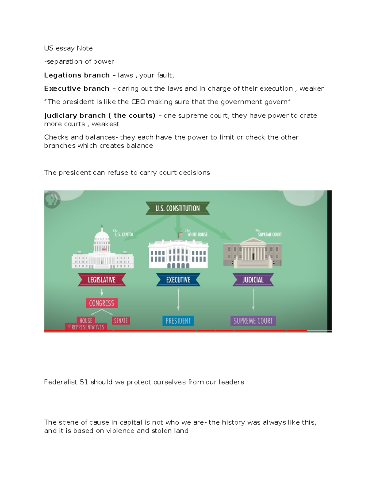 Notes - US essay Note -separation of power Legations branch – laws ...