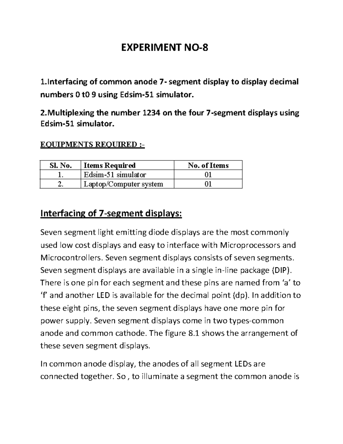 Experiment NO-8 lab - EXPERIMENT NO- 1 of common anode 7- segment ...