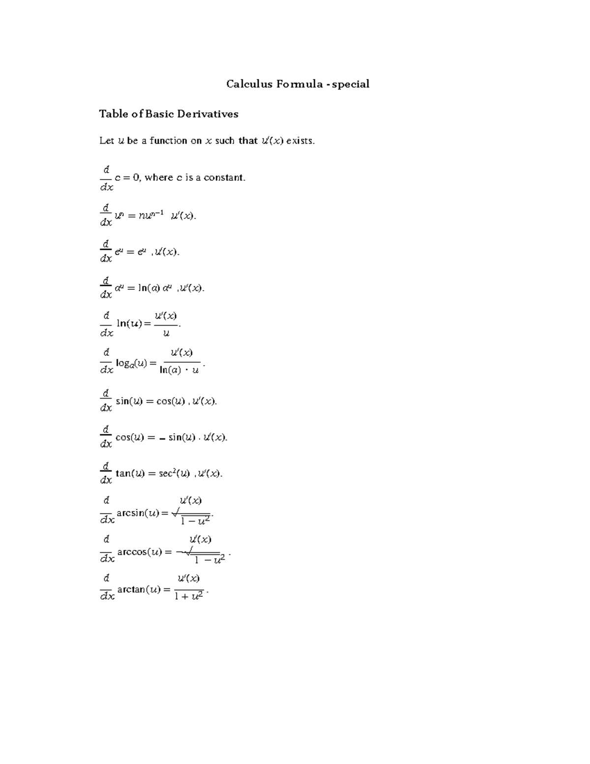 Calculus Formula special - · · · · · − · Calculus Formula - special ...