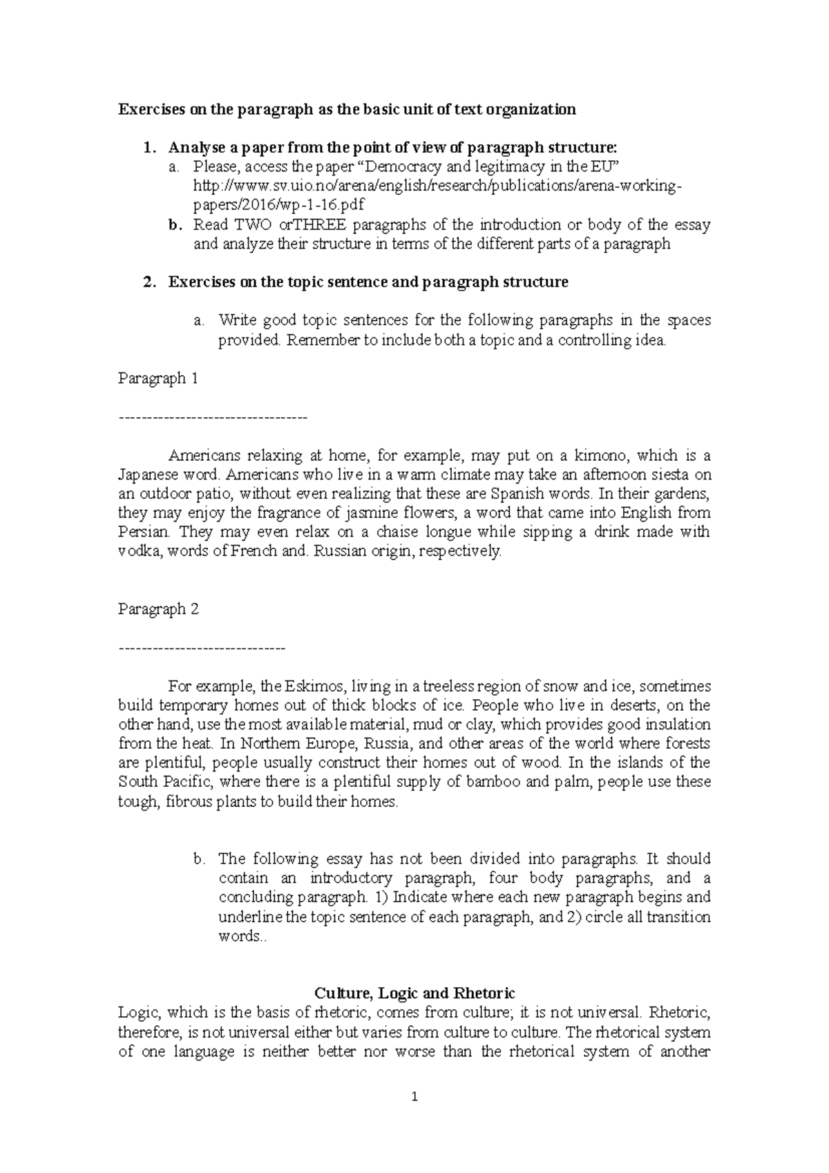 Practice exercises on the paragraph as basic unit of text organization ...