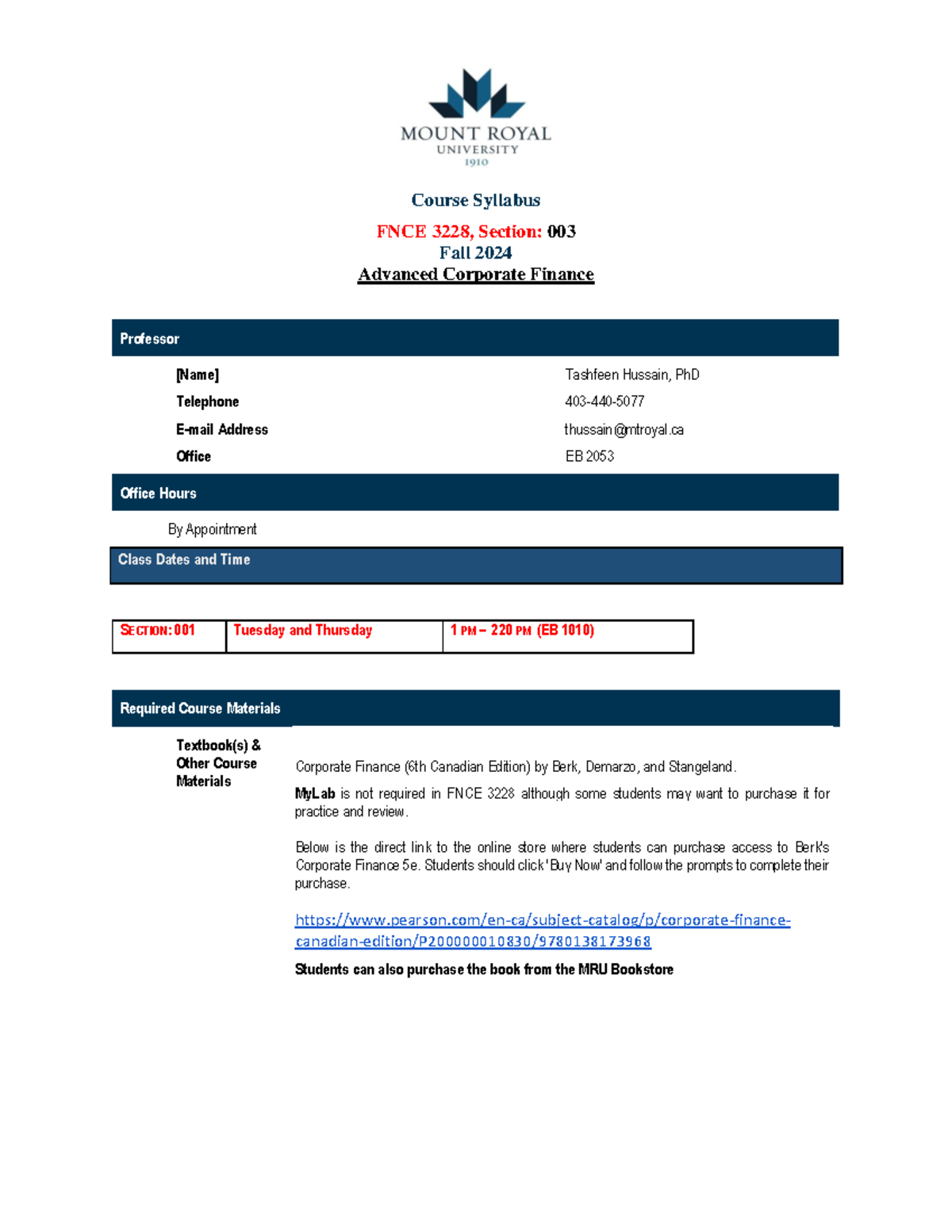 FNCE 3228 Course Outline Fall 2024 Tashfeen Hussain - Course Syllabus ...