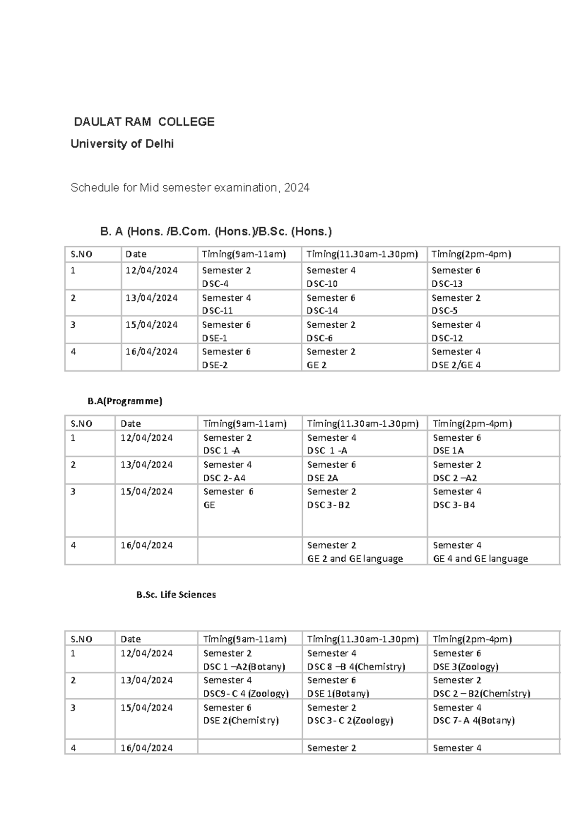 Mid semester examination schedule - DAULAT RAM COLLEGE University of ...