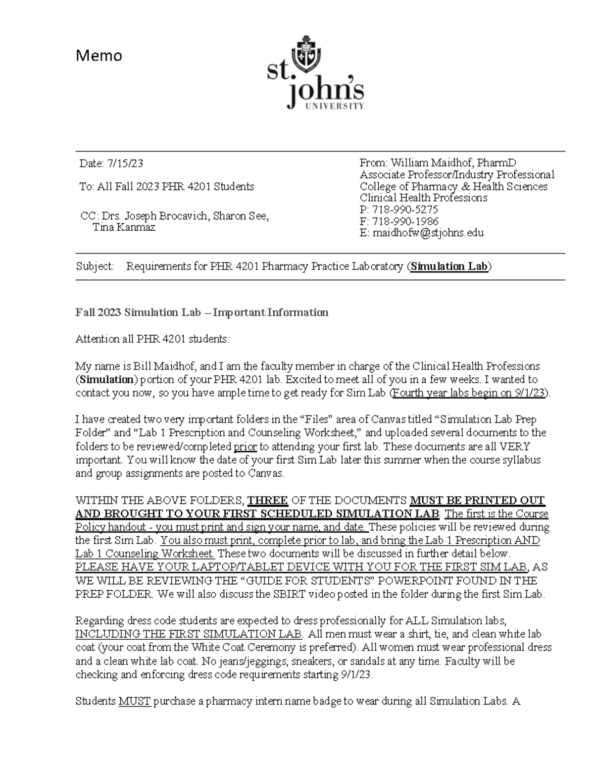 F23PHR4201Intro Memo - look - Fall 2023 Simulation Lab – Important ...