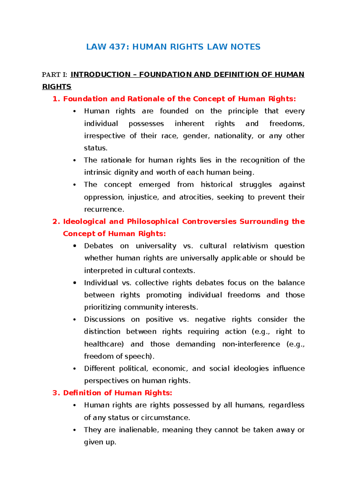 LAW 437 Notes - LAW 437: HUMAN RIGHTS LAW NOTES PART I: INTRODUCTION ...