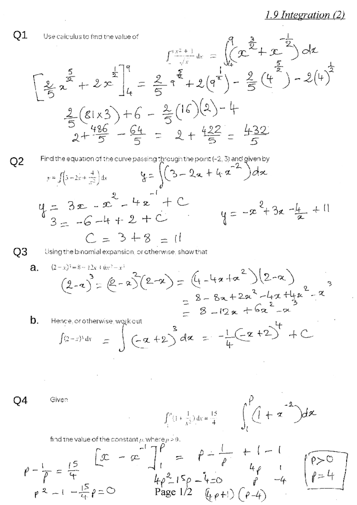 Integration Practice 2 solutions - Mathematics: Applications and Interpretation SL - Studocu
