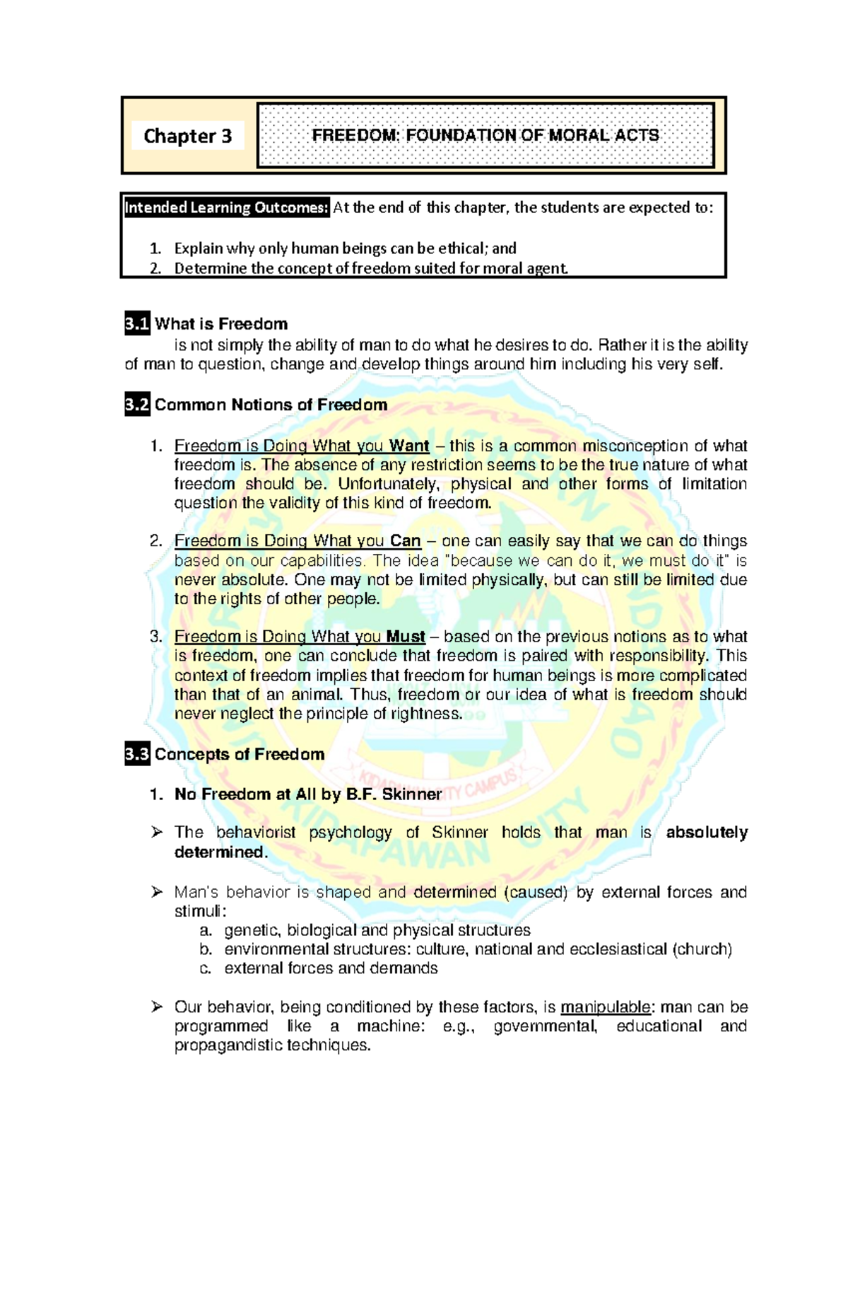 Week 3 Freedom Foundation OF Moral ACTS - pw Intended Learning Outcomes ...