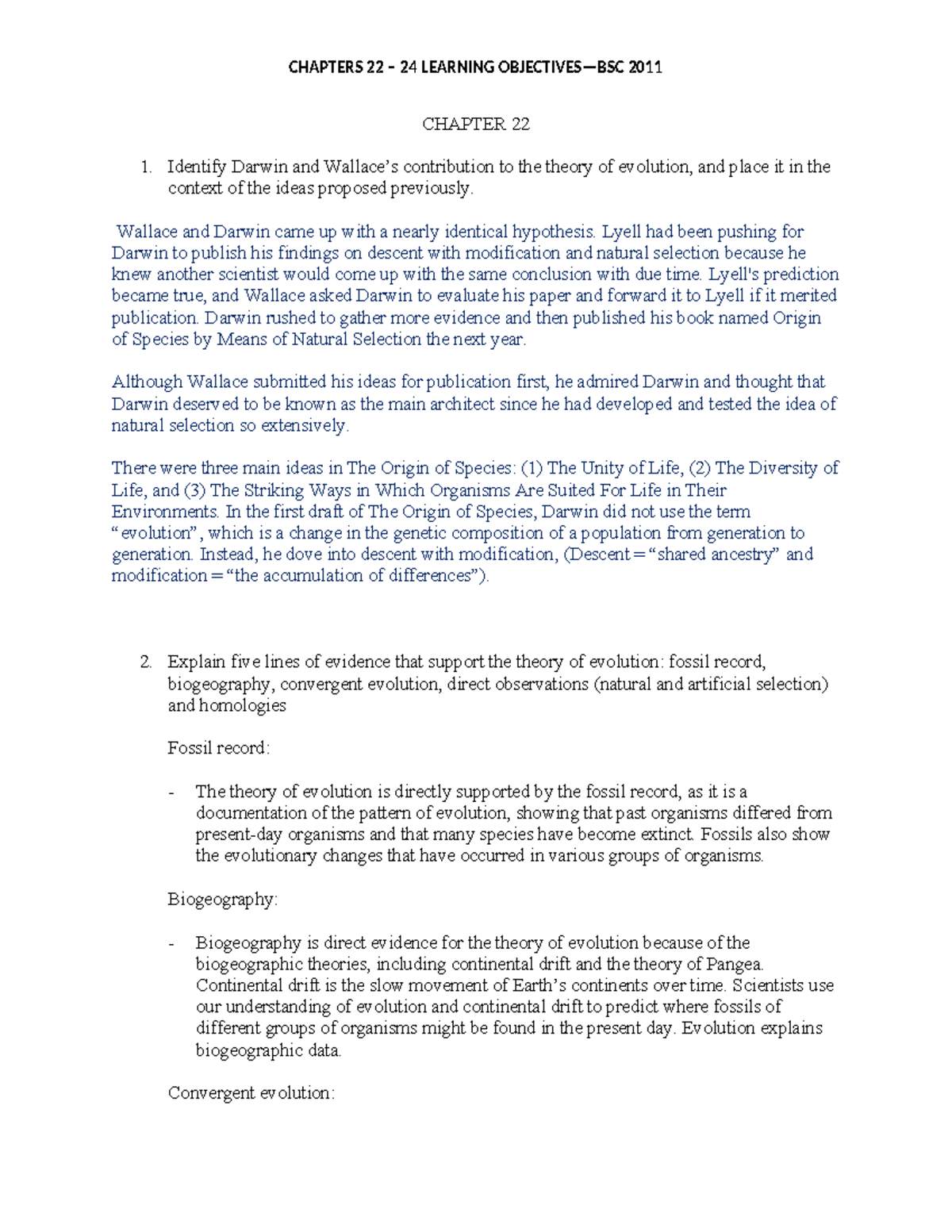 Chapter 22-24 Learning Objectives - CHAPTER 22 1. Identify Darwin and ...