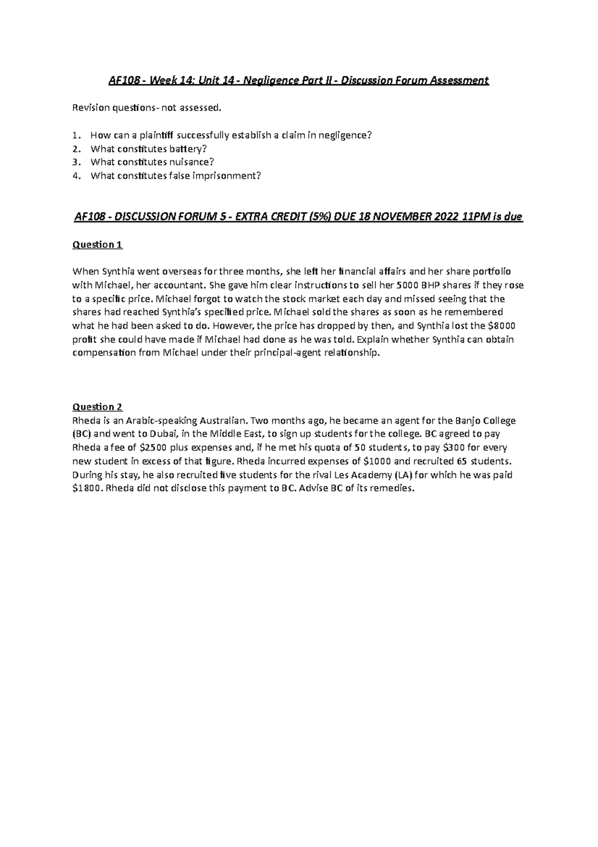 AF108 Week 14 Discussion Forum Assessment Question - AF108 - Week 14 ...