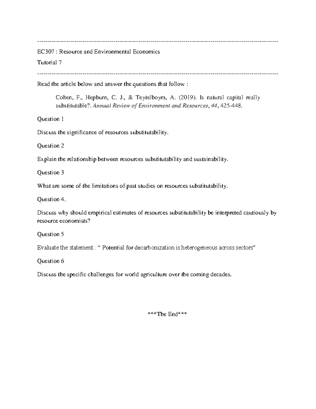 Tutorial 7 - EC307 : Resource and Environmental Economics Tutorial 7 ...