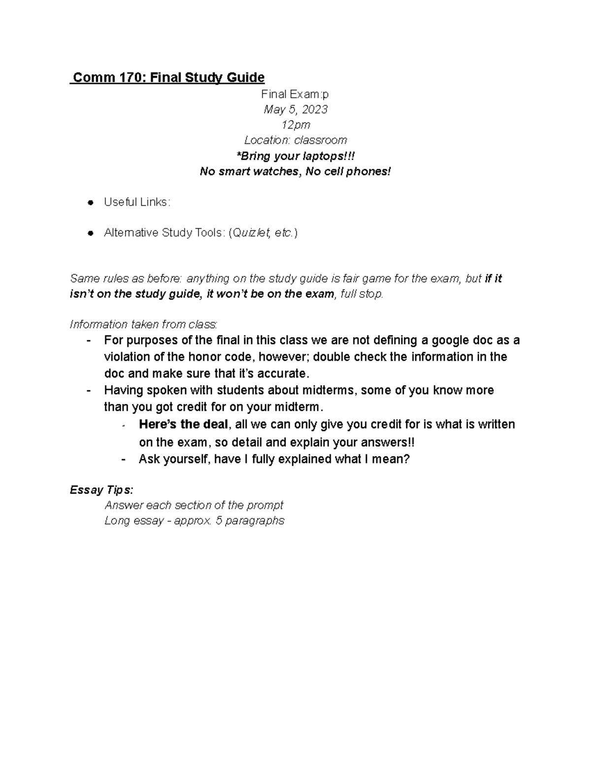 COMM 170 - Collab Final Study Guide - Comm 170: Final Study Guide Final Exam:p May 5, 2023 12pm ...