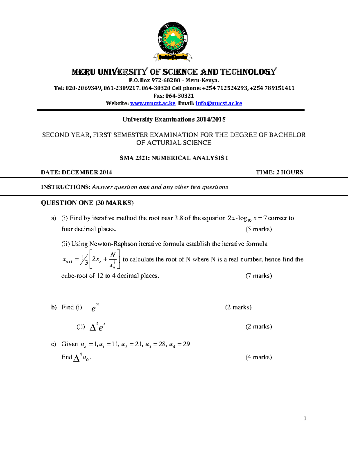 Numerical Analysis I SMA 2321 - 1 MERU UNIVERSITY OF SCIENCE AND TECHNOLOGYMERU UNIVERSITY OF ...