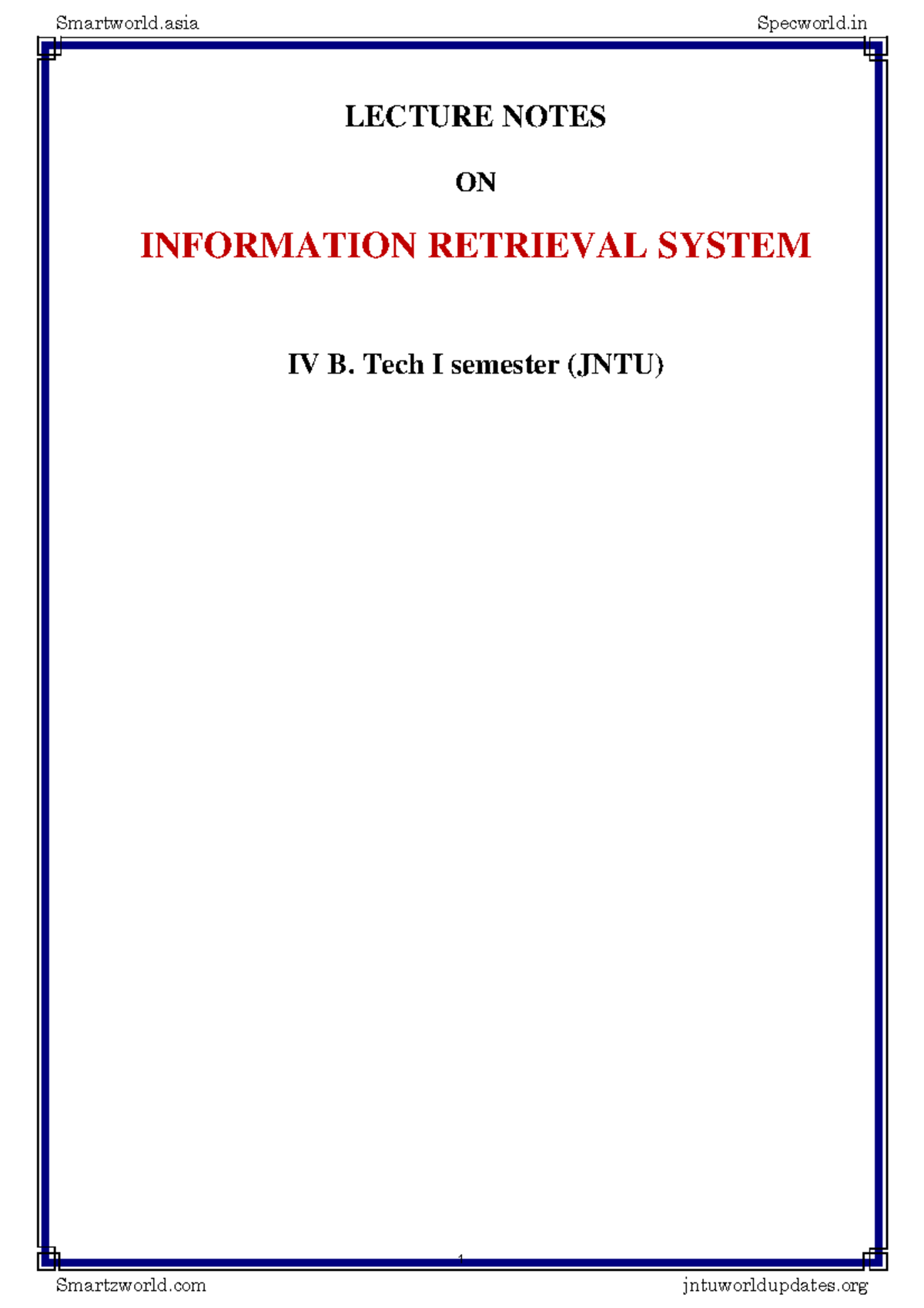 Information Retrieval Systems U1 Lecture Notes On Information Retrieval System Iv B Tech I