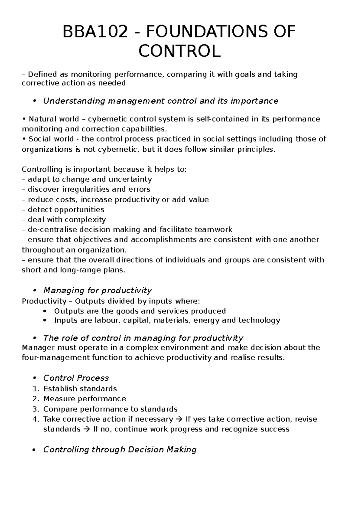 Lecture 11 - BBA102 - FOUNDATIONS OF CONTROL – Defined as monitoring performance, comparing it ...