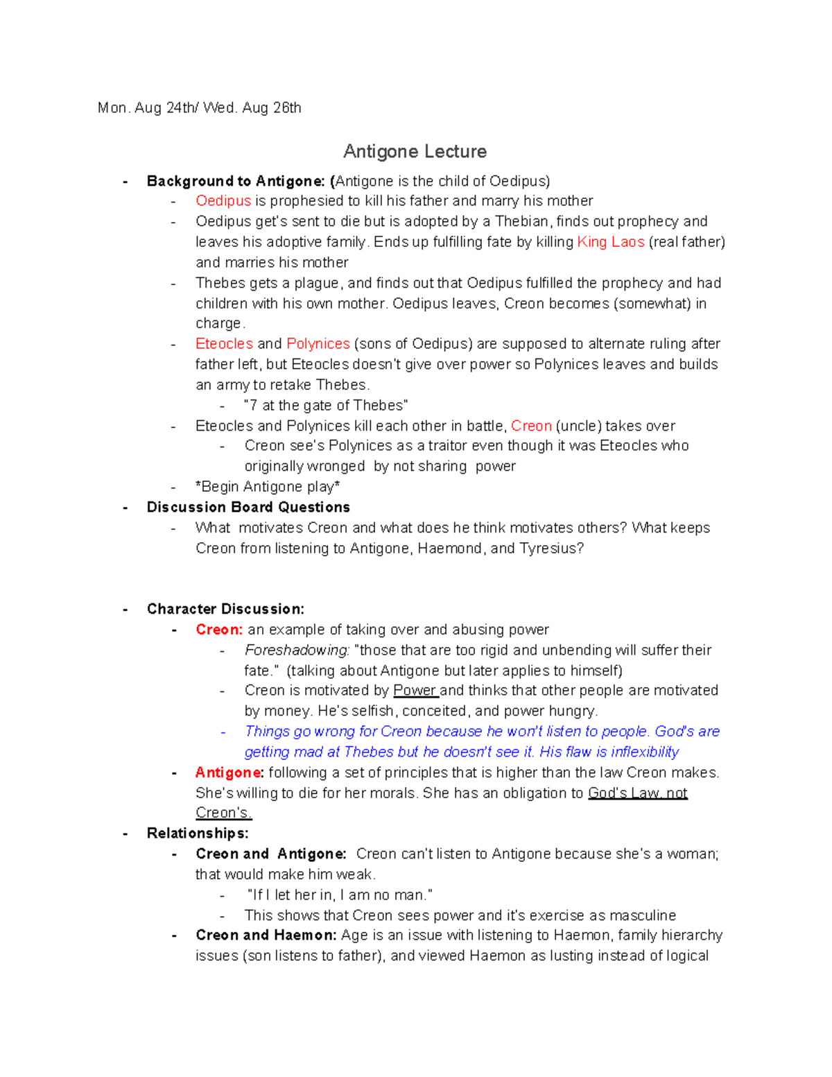 Antigone Reading Class Lecture - Mon. Aug Wed. Aug 26th Antigone ...