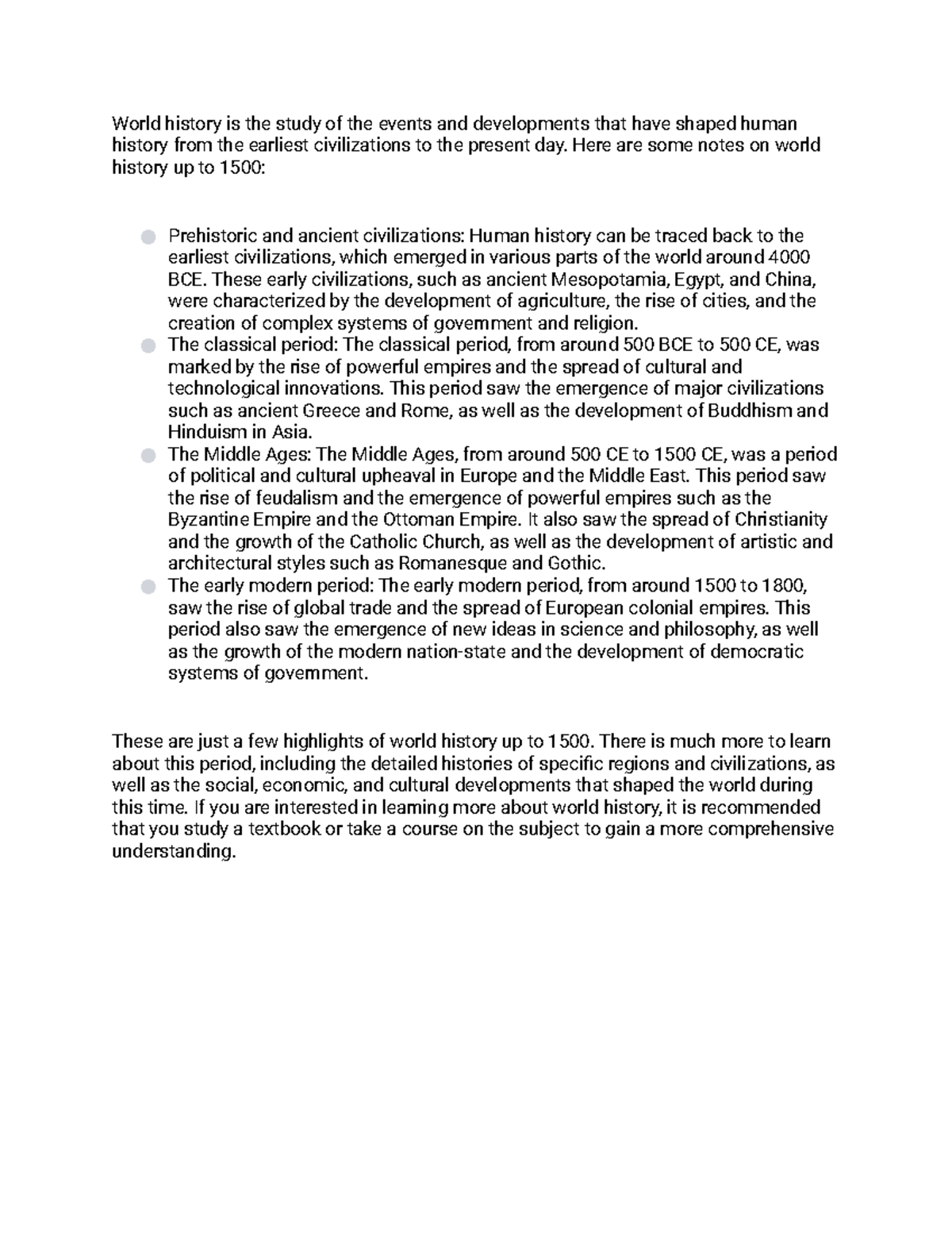 Intro to world history to 1500 - World history is the study of the ...