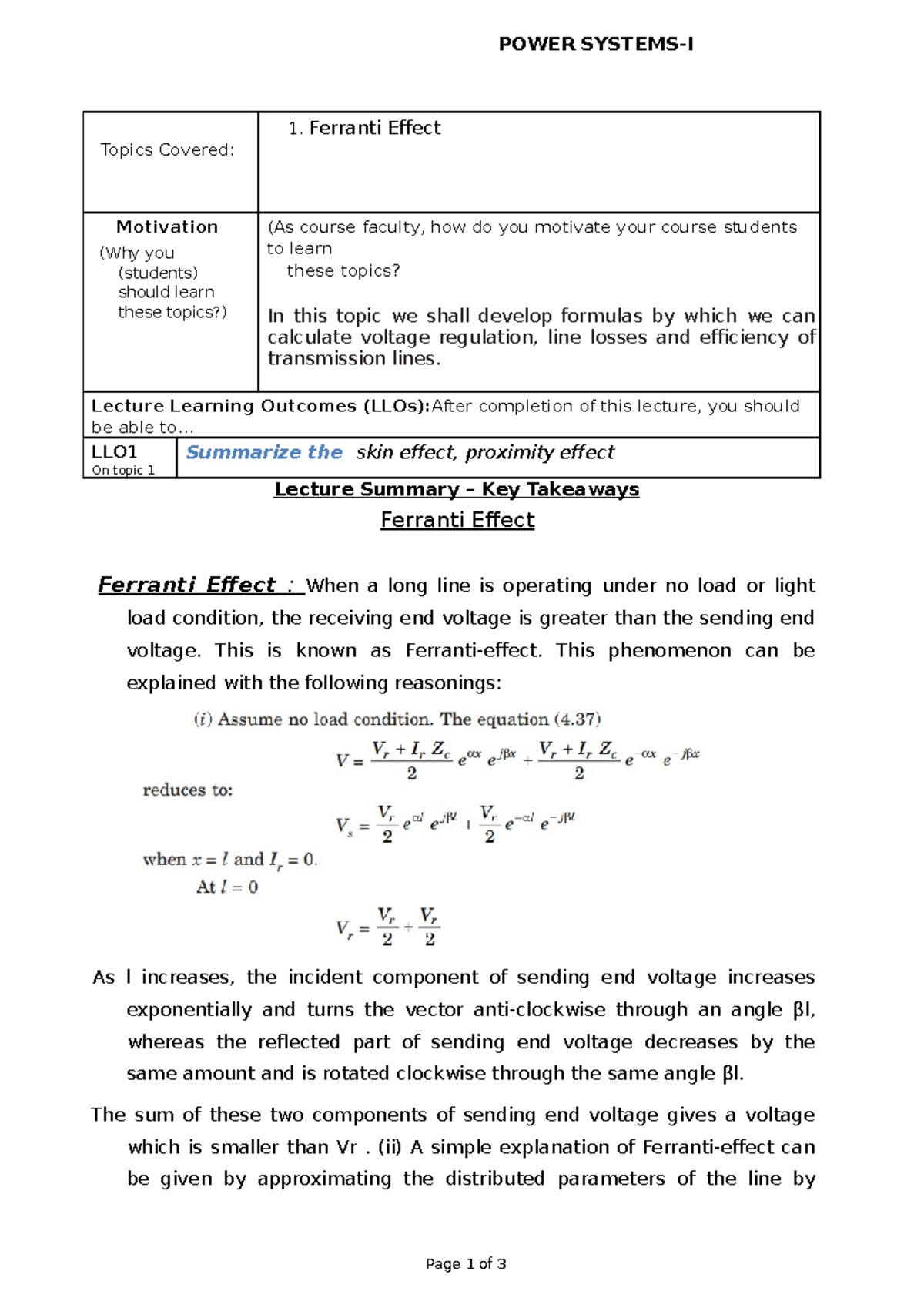 Ferranti Effect - POWER SYSTEMS-I Topics Covered: Ferranti Effect Motivation (Why you (students ...