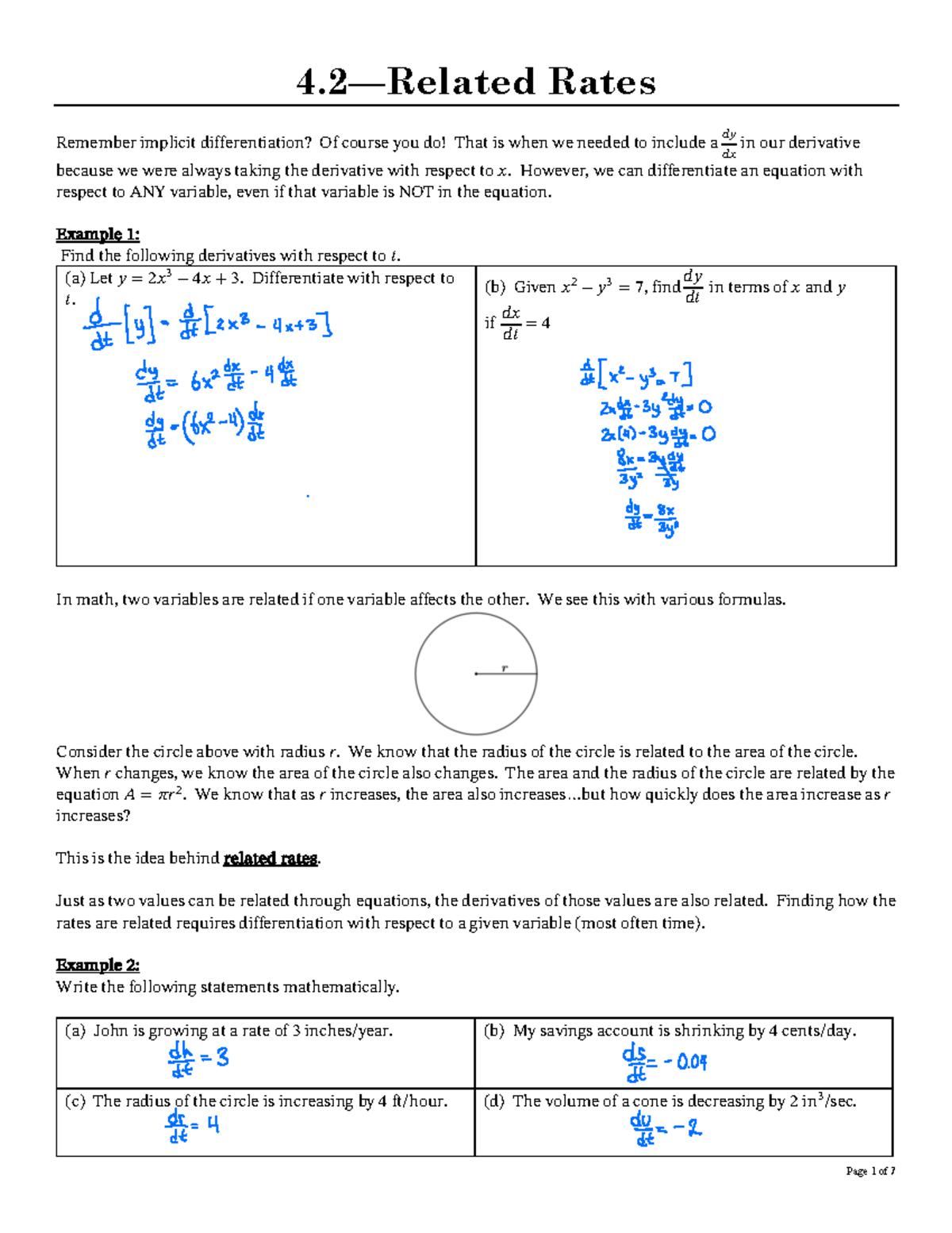4.2 related notesss - practuce work - 4—Related Rates Remember implicit ...
