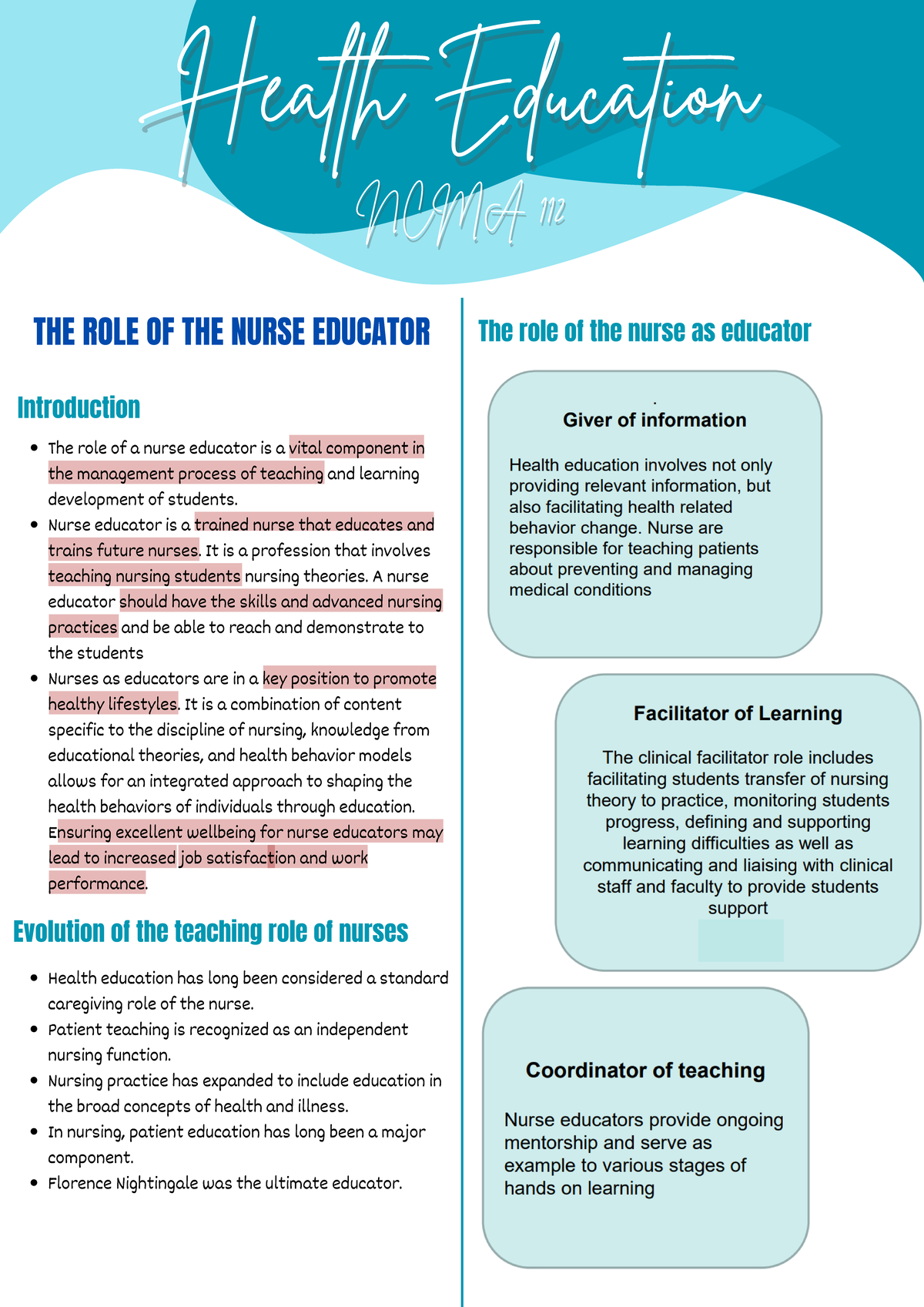 Health-Education- Finals - THE ROLE OF THE NURSE EDUCATOR Introduction NCMA 112 NCMA 112 Health ...