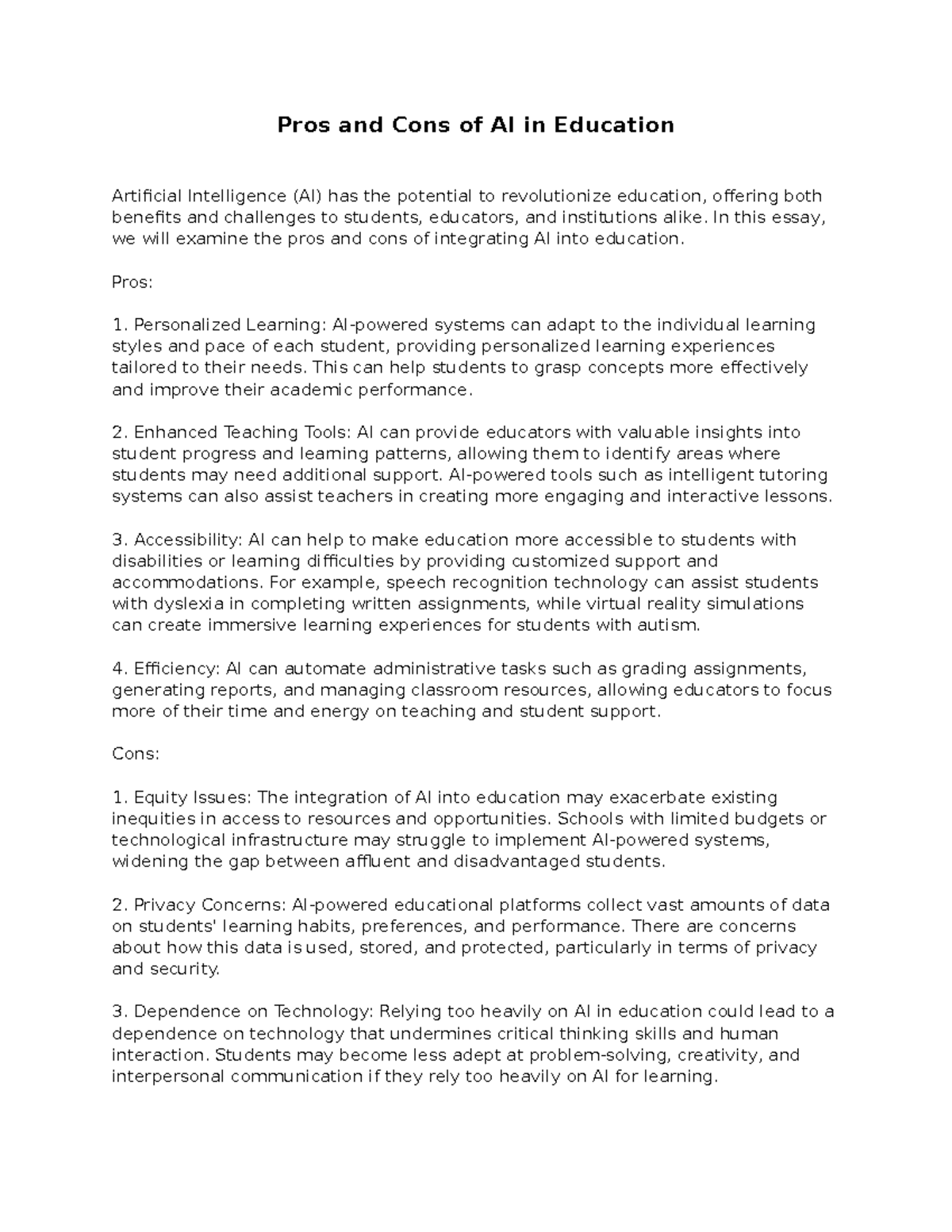 Essay about AI - Pros and Cons of AI in Education Artificial ...