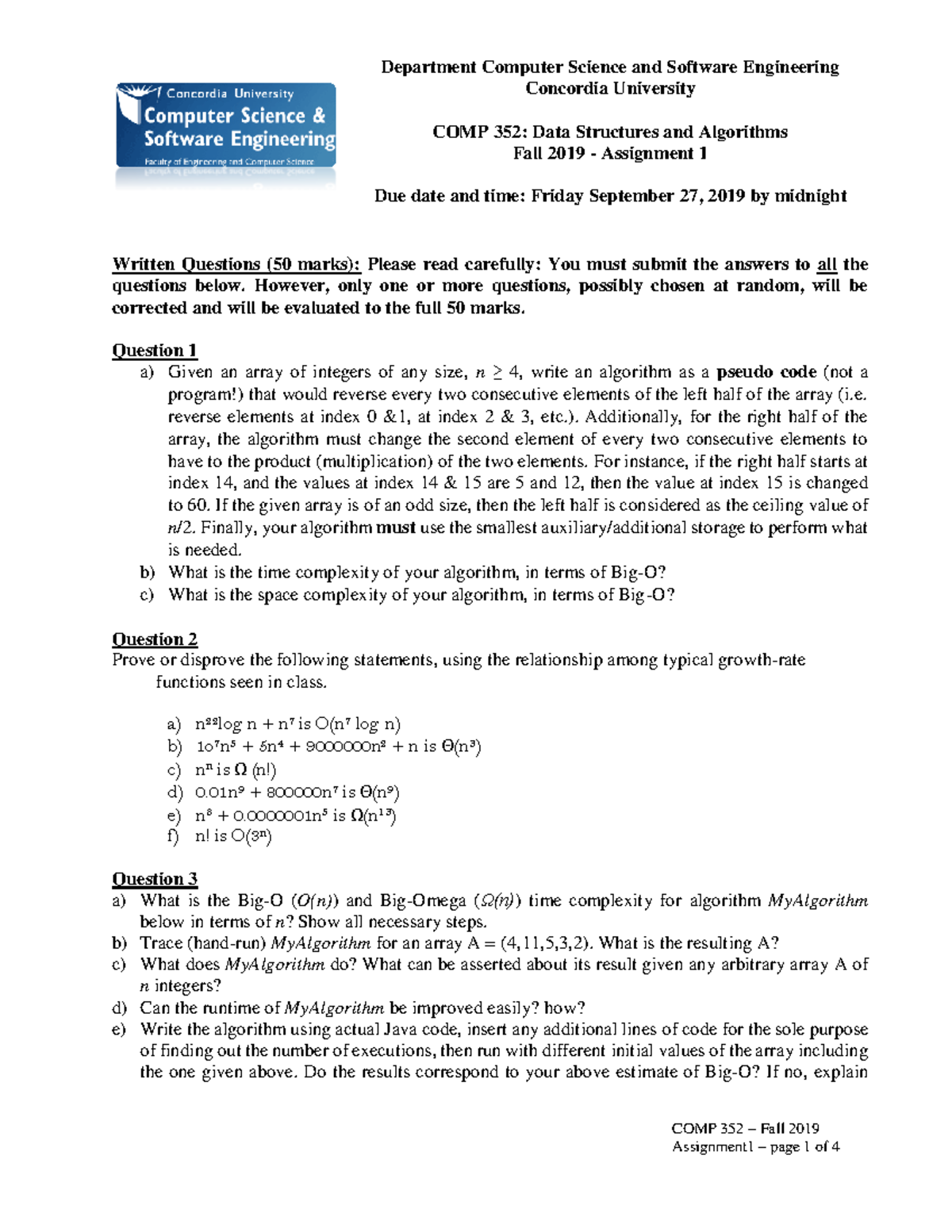 COMP352 F19 Assignment 1 - COMP 352 – Fall 2019 Department Computer Science and Software ...