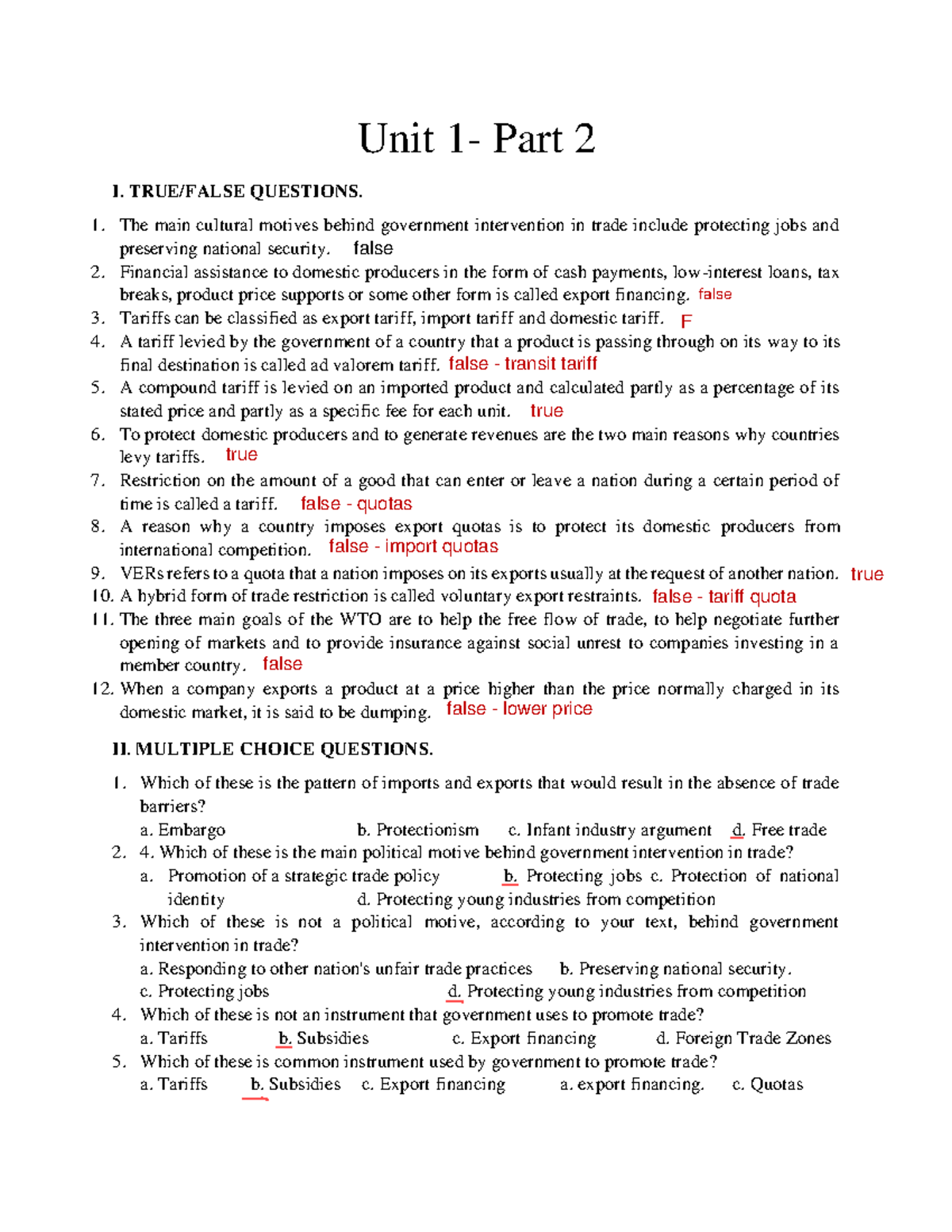 Unit 1- Part 2- Exercises - to sts - Unit 1- Part 2 I. TRUE/FALSE ...