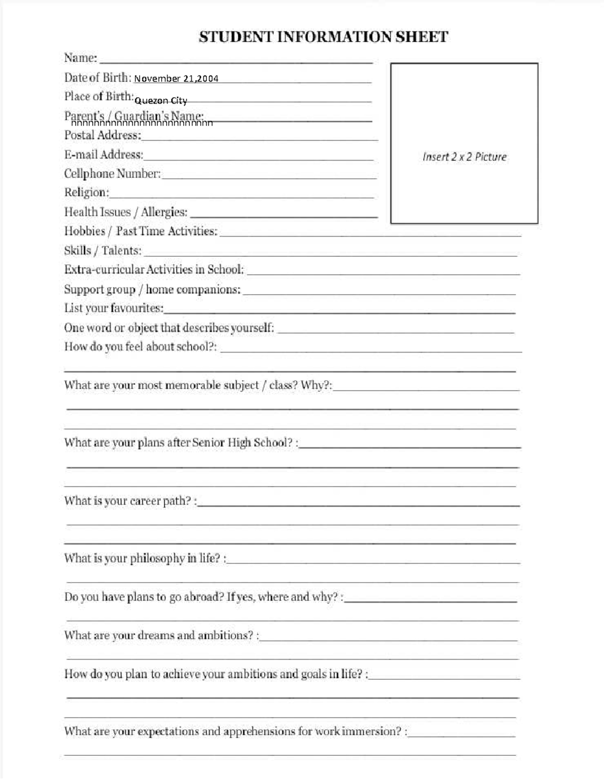 work immersion student info sheet - Academic Track - November 21 ...