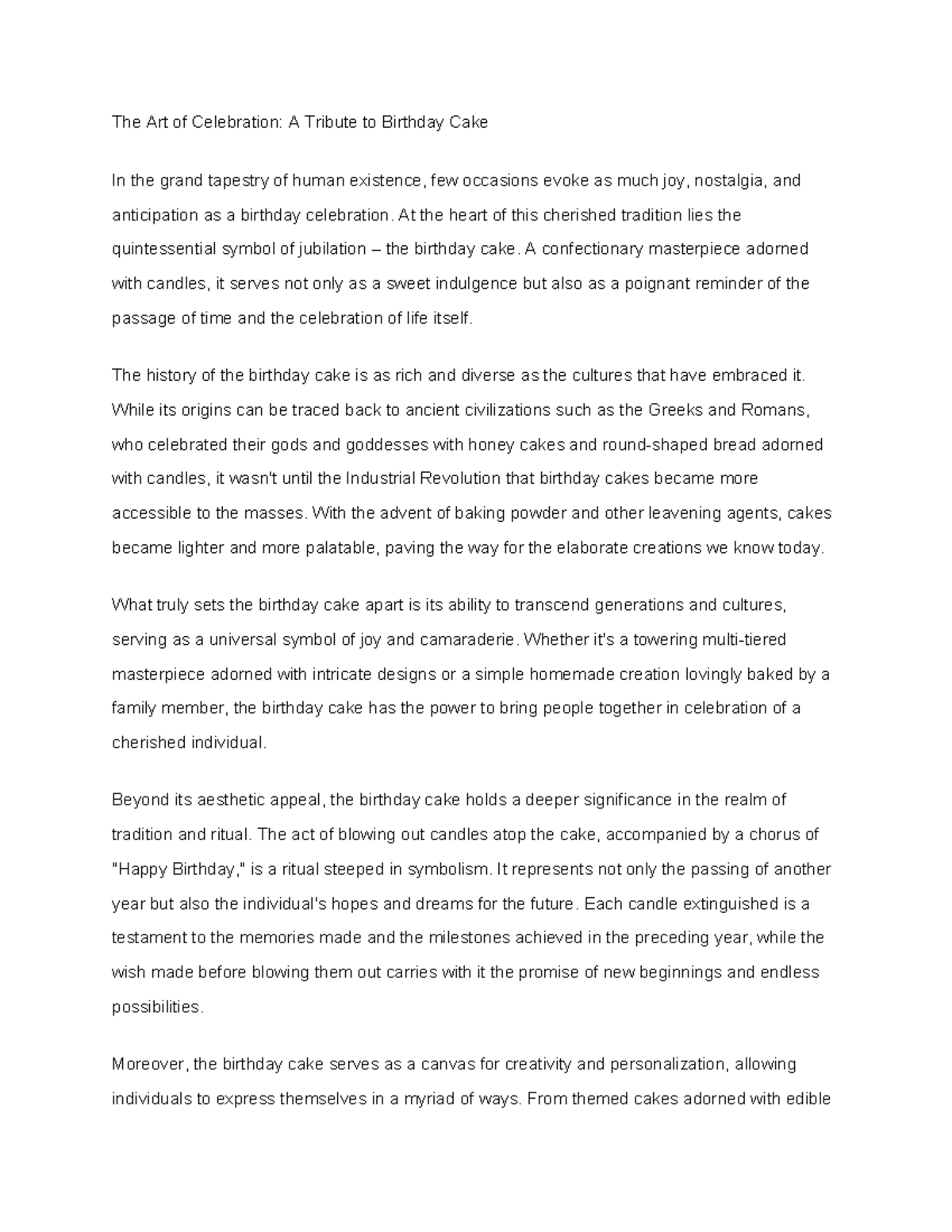 Essay final rubric - The Art of Celebration: A Tribute to Birthday Cake ...