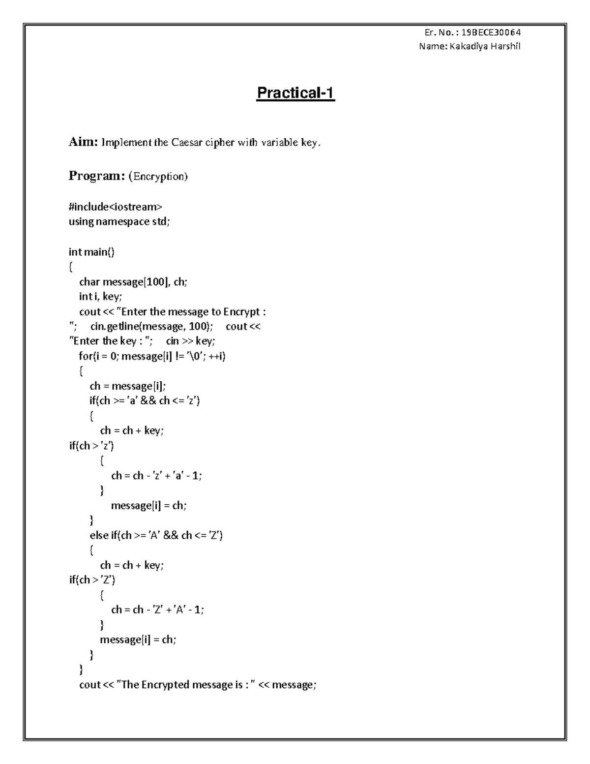 Practical CNS - pdf - Name: Kakadiya Harshil Practical- 1 Aim: Implement the Caesar cipher with ...