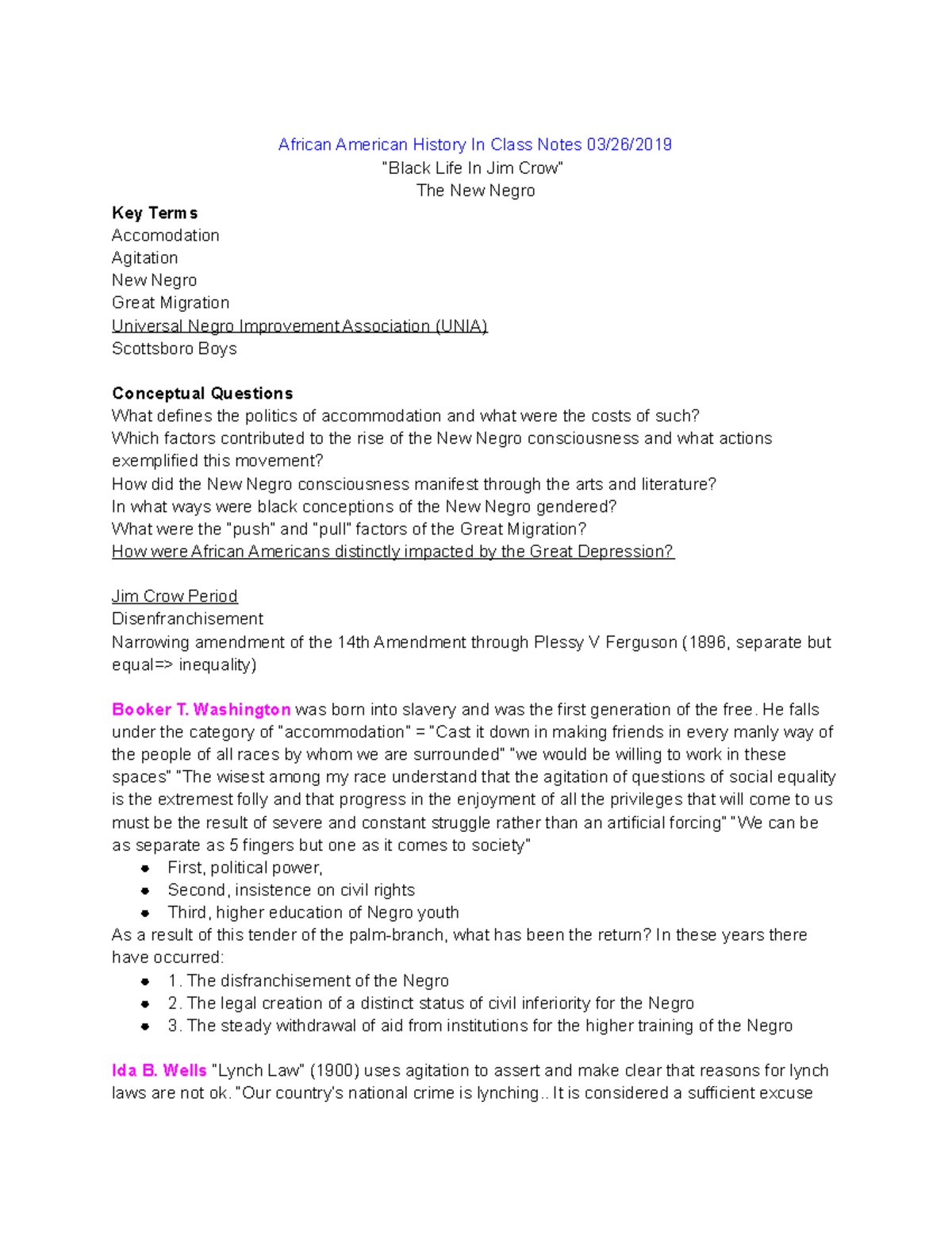 African American History In Class Notes Week 9 - African American ...