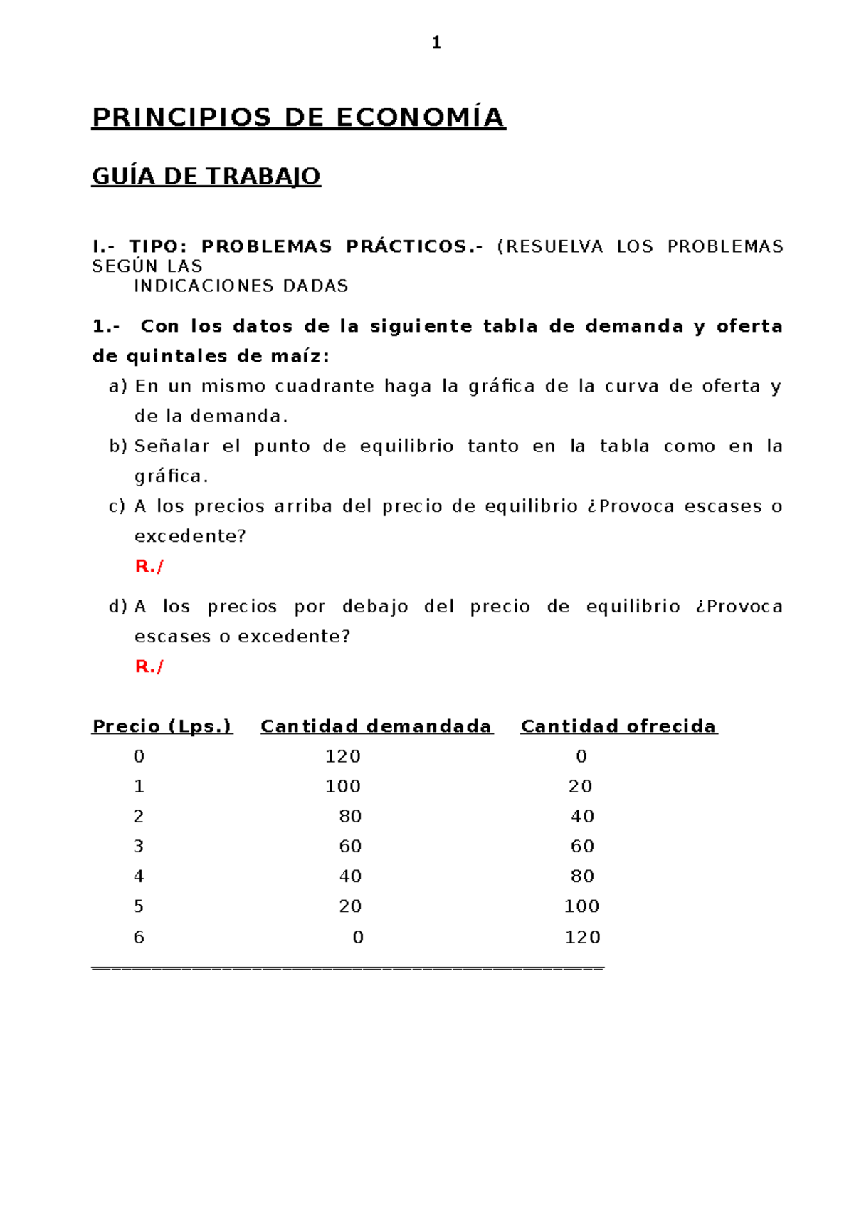 GUIA DE Trabajo I Parcial - PRINCIPIOS DE ECONOMÍA GUÍA DE TRABAJO I.- TIPO: PROBLEMAS PRÁCTICOS ...