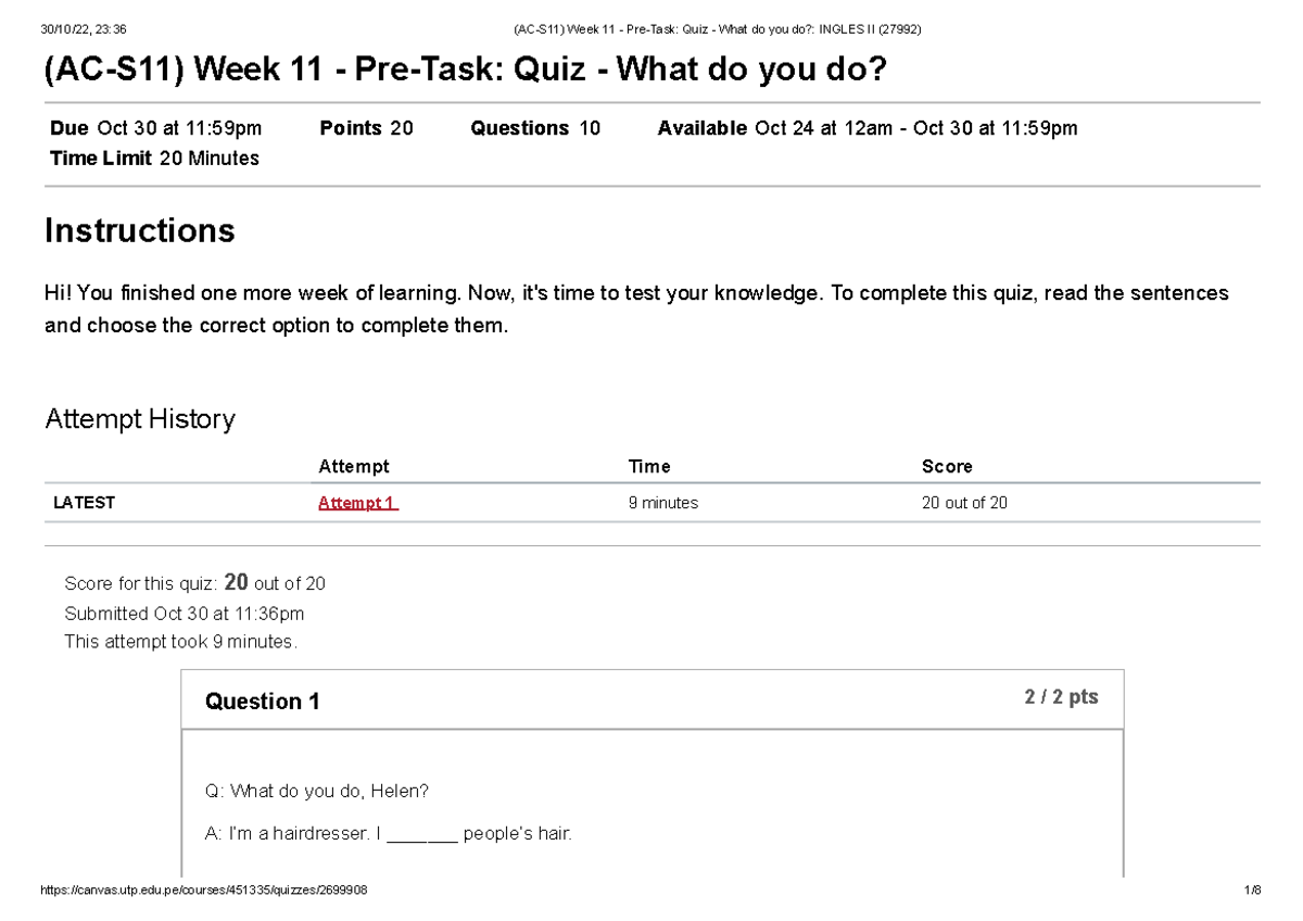 (AC-S11) Week 11 - Pre-Task Quiz - What do you do Ingles II (27992) - (AC-S11) Week 11 - Pre ...