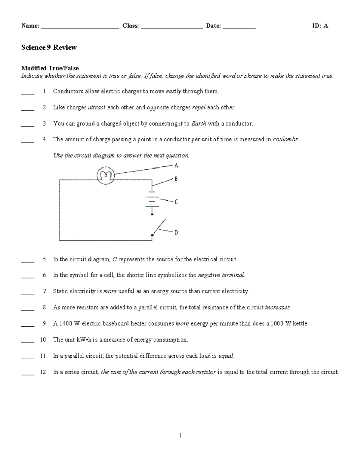 Gr 9 Exam Electricity - Name: ________________________ Class ...