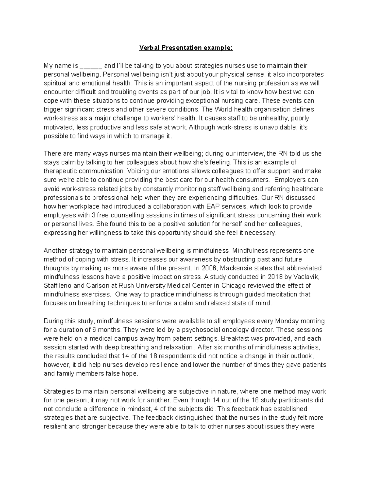 Verbal Presentation example - Personal wellbeing isn’t just about your ...