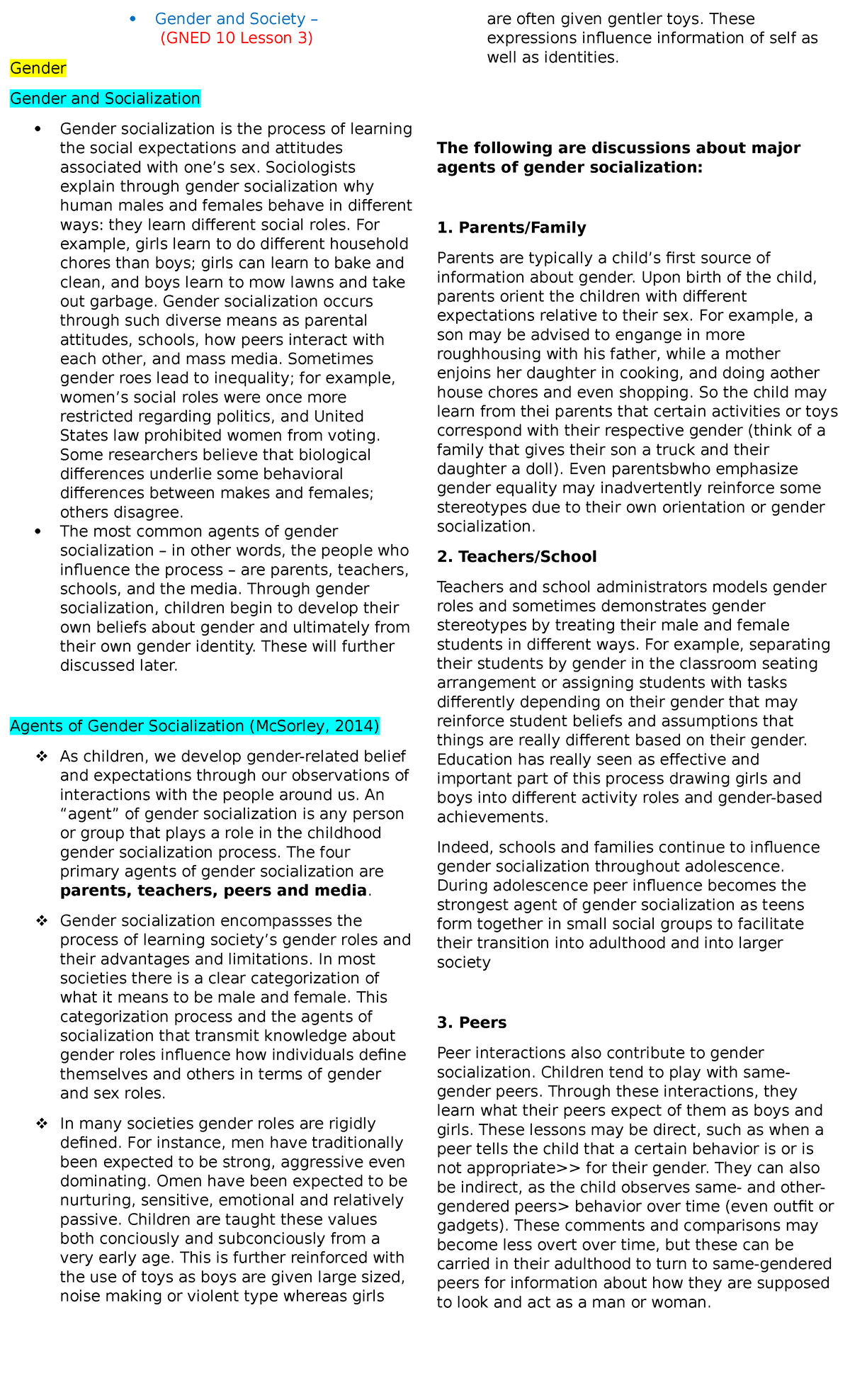 Gender 2 - Notes - Gender and Society – (GNED 10 Lesson 3) Gender ...