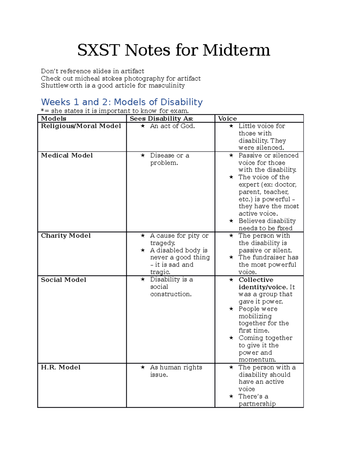 SXST midterm 1 notes - SXST Notes for Midterm Don’t reference slides in ...