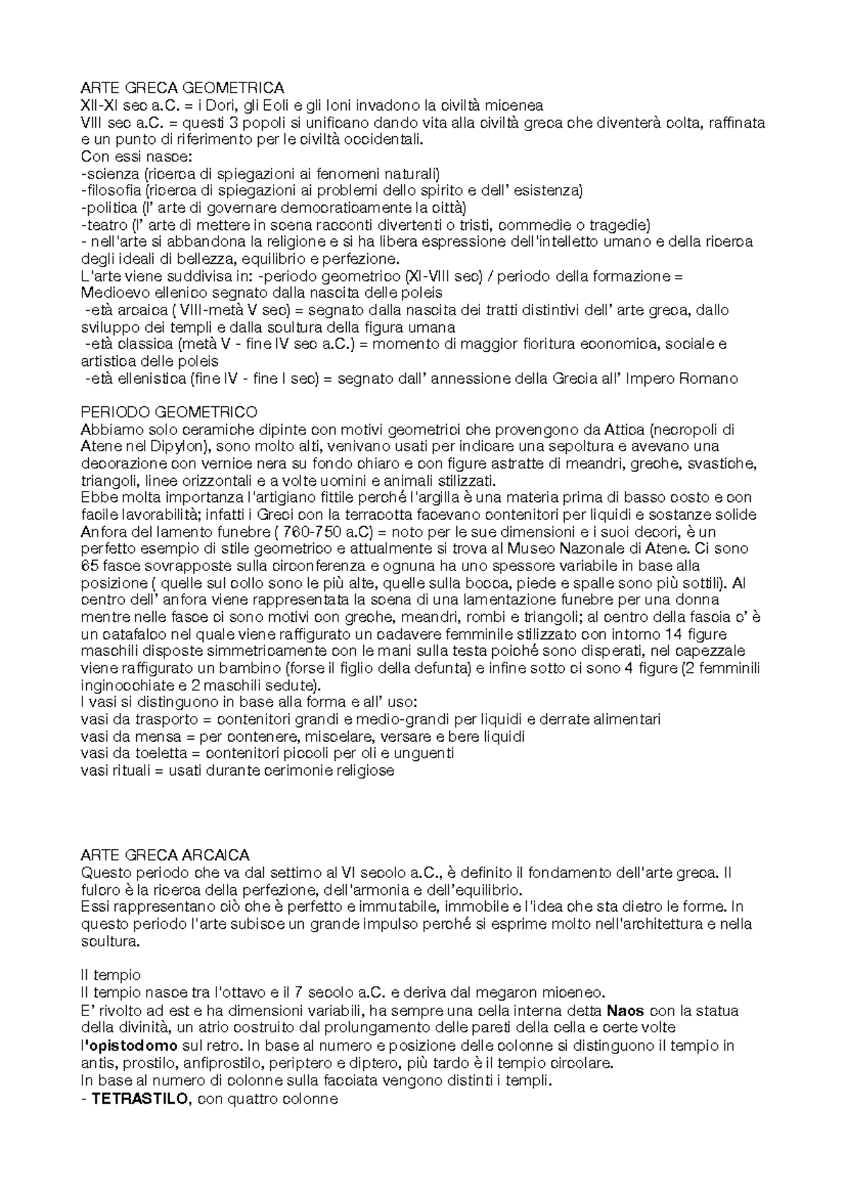Arte - ARTE GRECA GEOMETRICA XII-XI sec a. = i Dori, gli Eoli e gli ...
