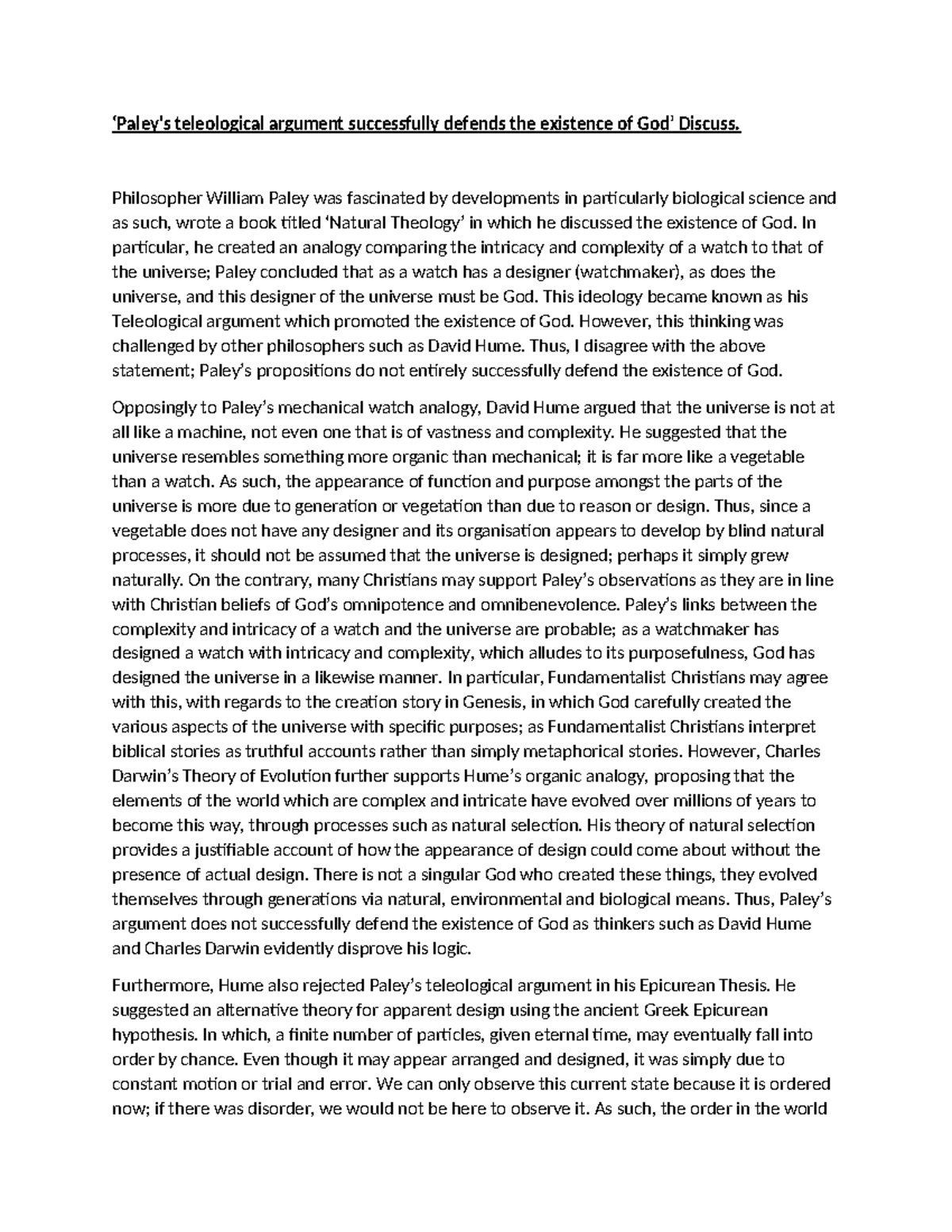 Document 1 - A/A* essay. OCR Spec - ‘Paley's teleological argument ...