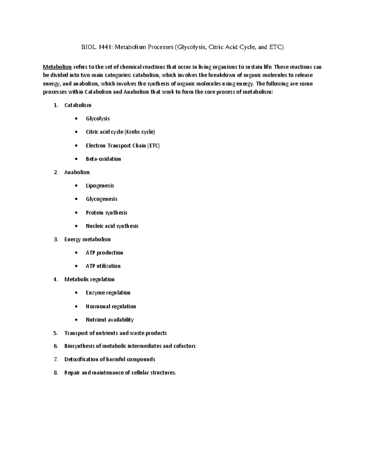 Metabolism Processes (Glycolysis, Citric Acid Cycle, and ETC) + Exam ...