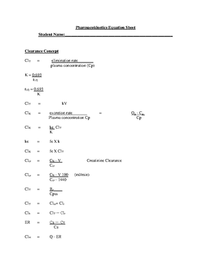 Equation Sheet-2 - Formula Sheet - Pharmacokinetics Equation Sheet ...