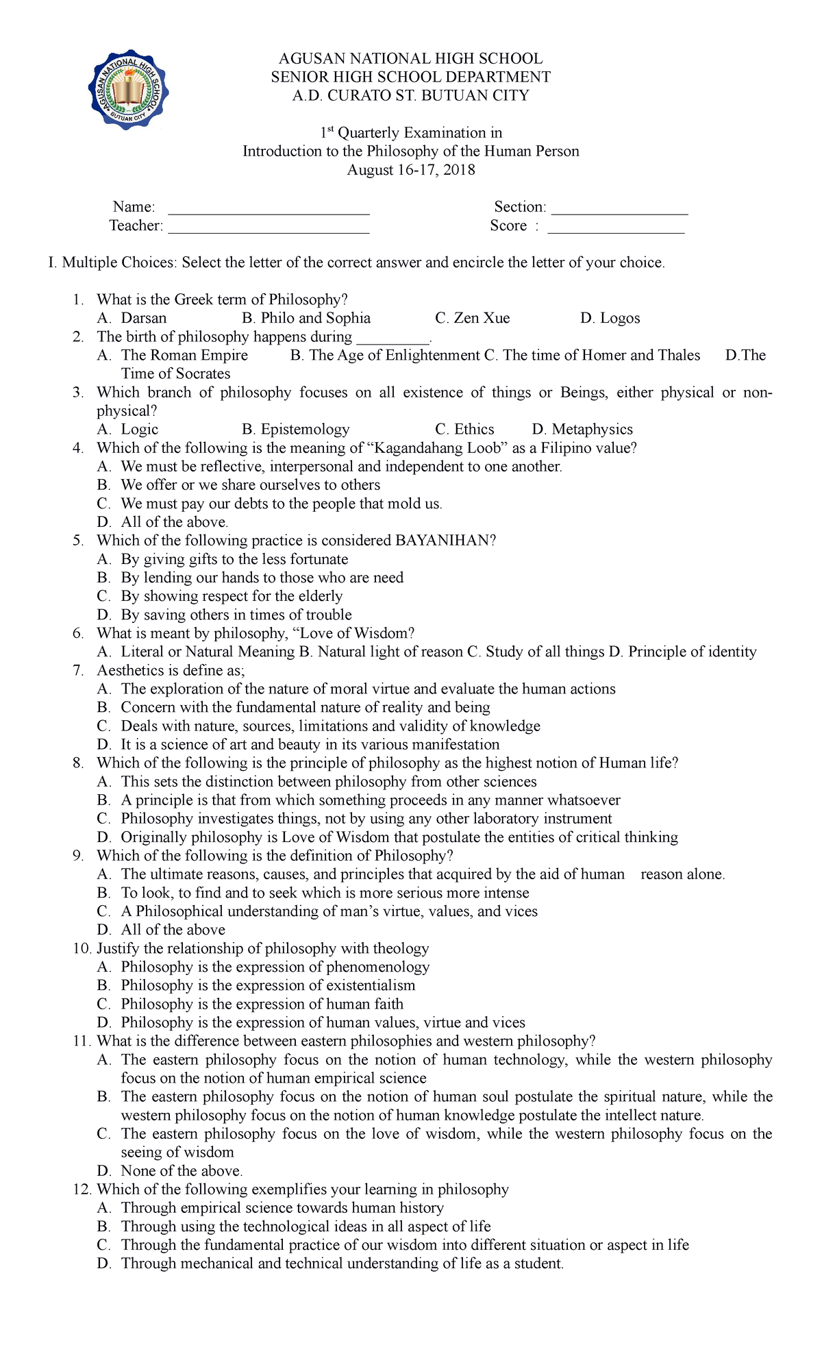 1st quarter exam IPHP - AGUSAN NATIONAL HIGH SCHOOL SENIOR HIGH SCHOOL ...