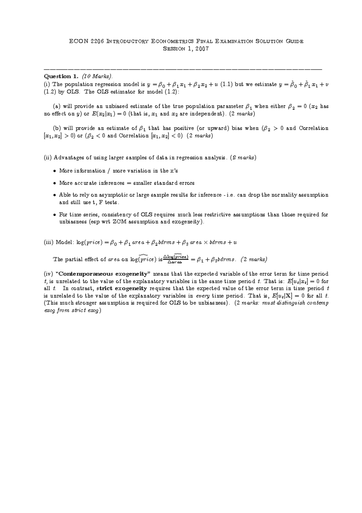 Exam 2007 Questions Econ 2206 Introductory Econometrics Final Examination Solution Guide