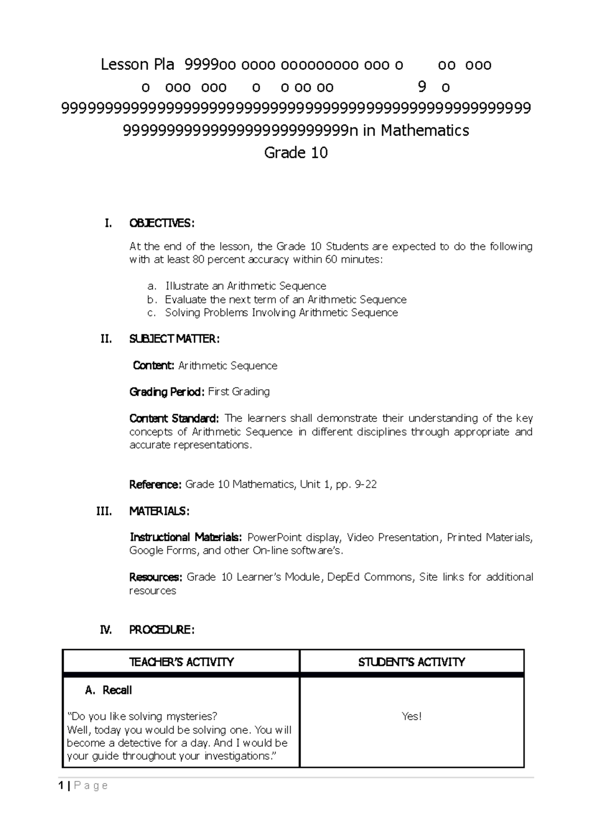 AS19- Lesson-PLAN-Arithmetic-Sequence - Lesson Pla 9999oo oooo ...