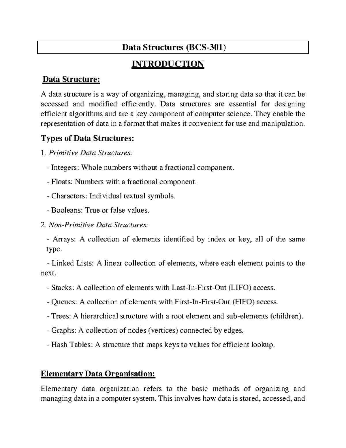Data Structures Intro - yeah yeah - Data Structures (BCS-301) INTRODUCTION Data Structure: A ...