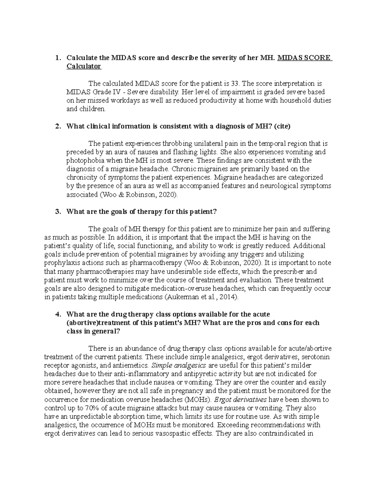 Mquinn Migraine case study - Calculate the MIDAS score and describe the ...