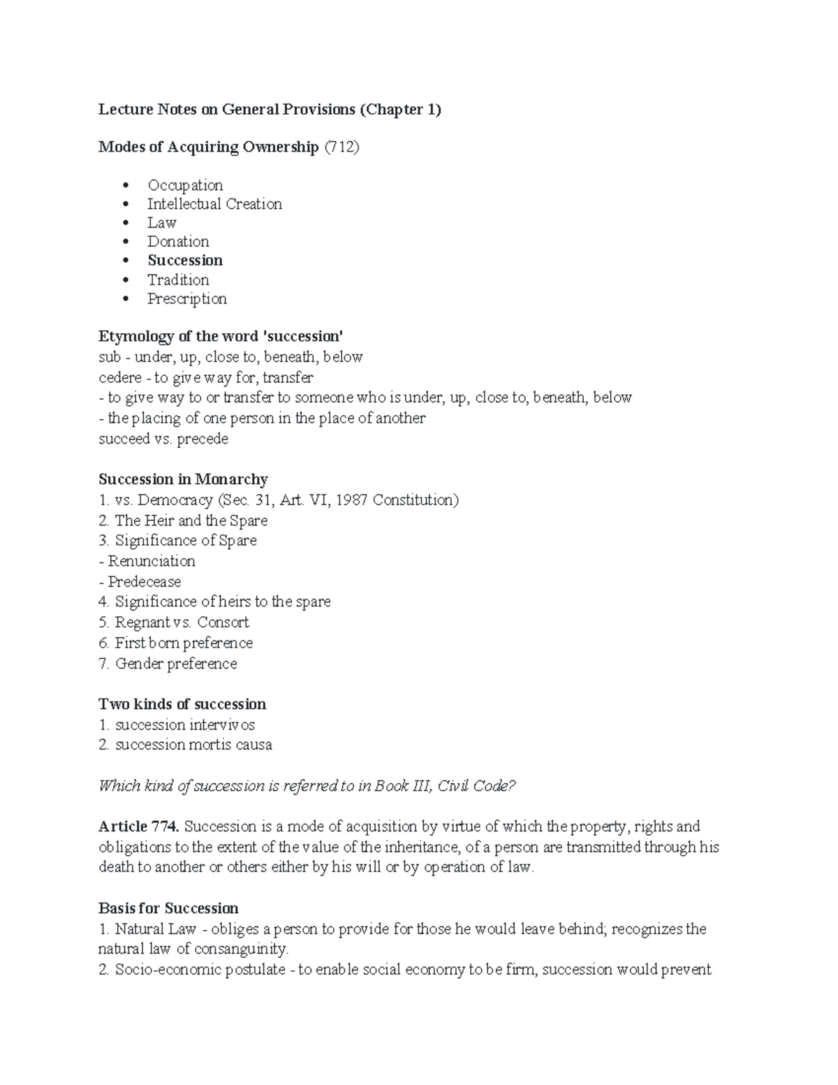 Lecture Notes on General Provisions Succession - Lecture Notes on ...