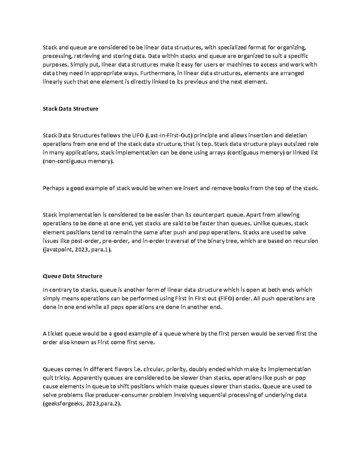 Discussion Assignment Unit 3 Stack And Queue Are Considered To Be Linear Data Structures With