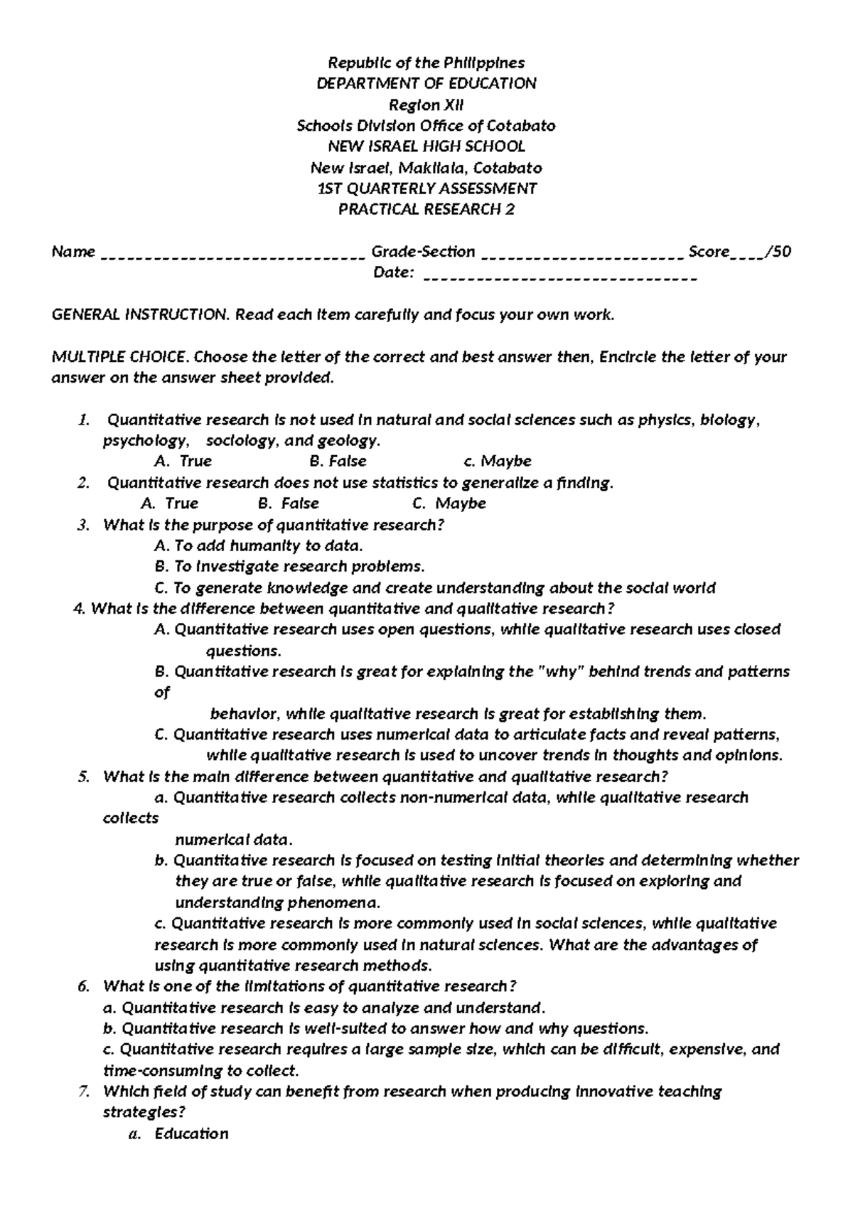 Pr2 tq q1 - Exam - Republic of the Philippines DEPARTMENT OF EDUCATION Region XII Schools ...
