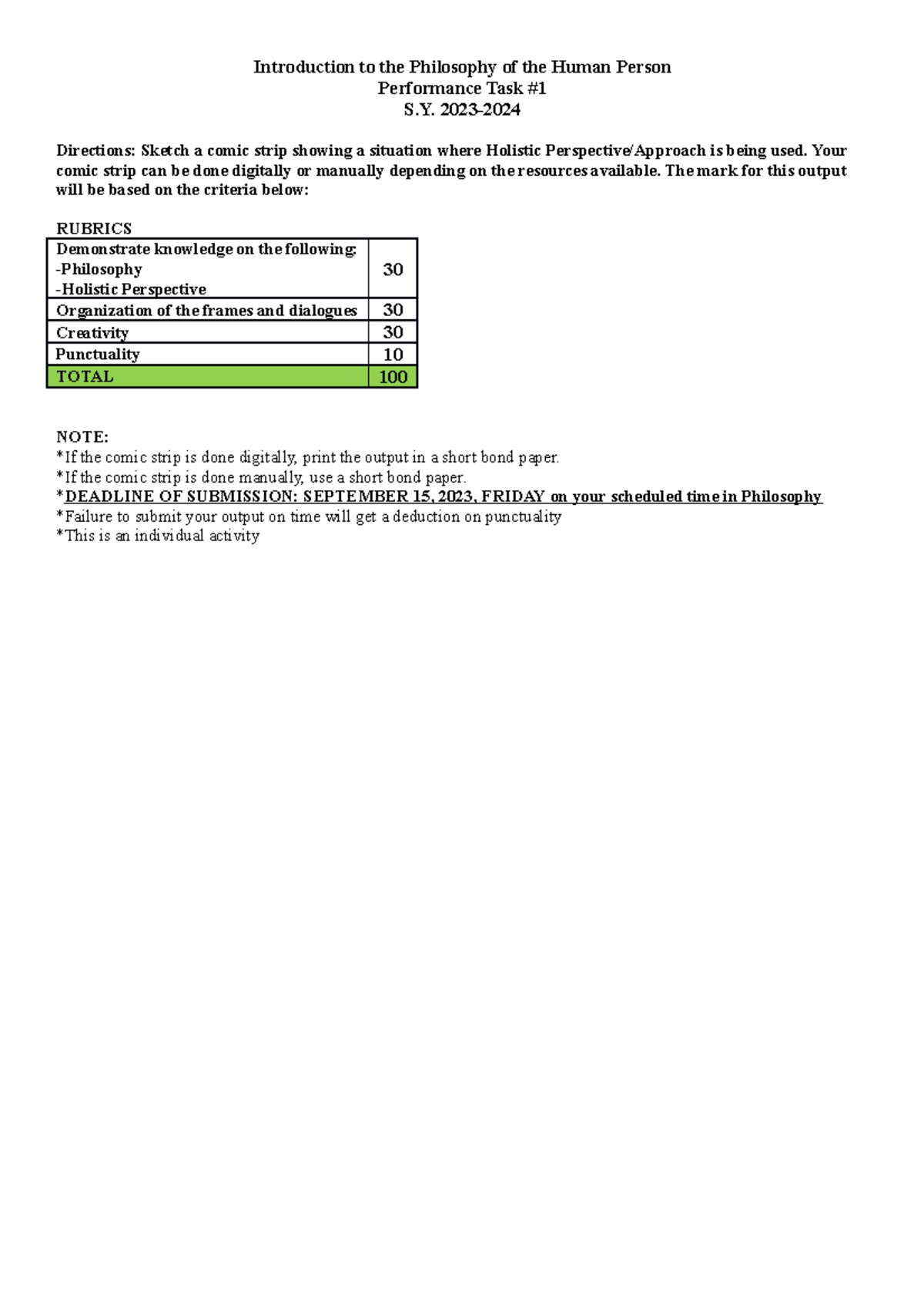 PT#1 - Assessment - Introduction to the Philosophy of the Human Person Performance Task S. 2023 ...